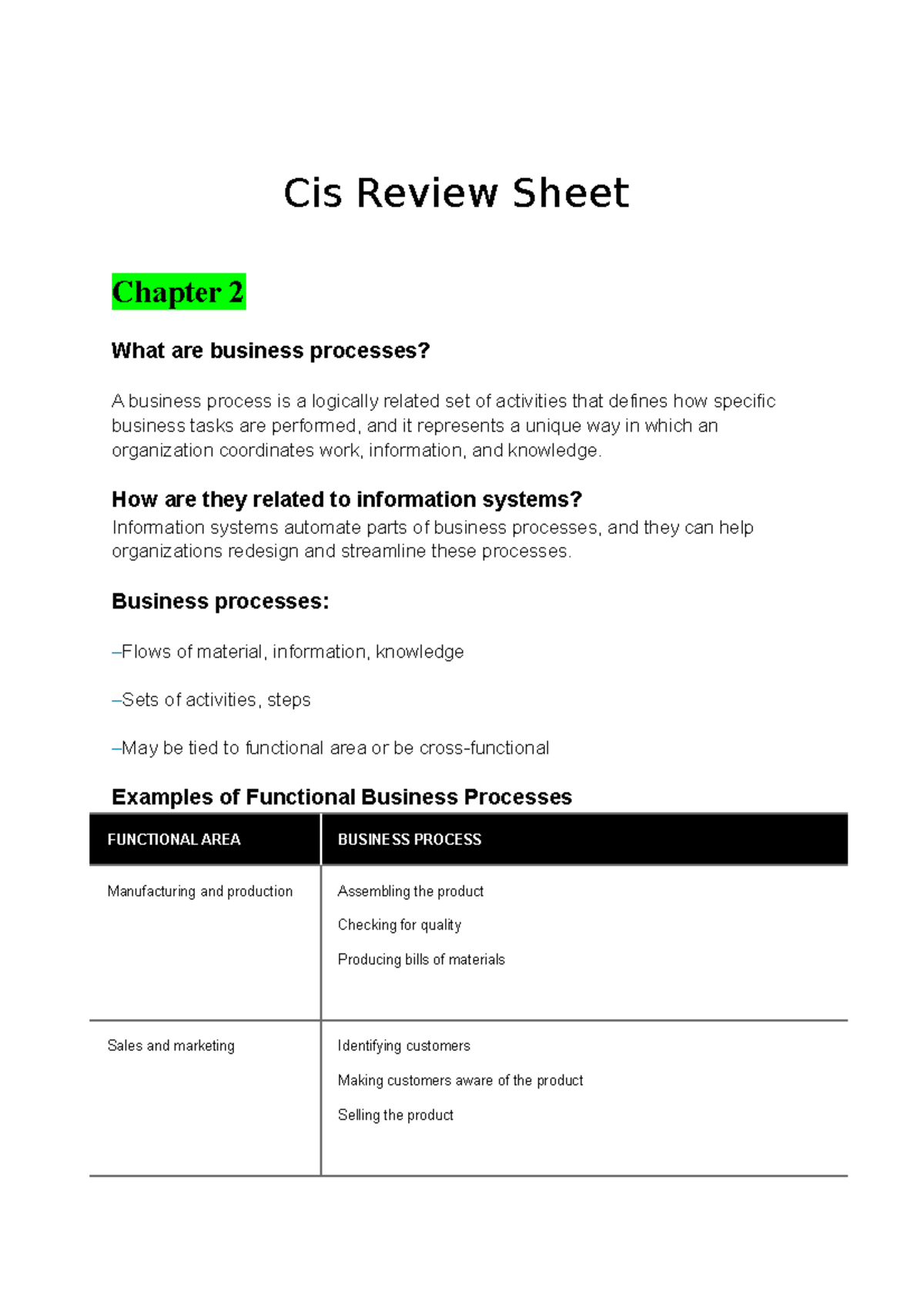 Cis 2200 Review Sheet - Cis Review Sheet Chapter 2 What are business ...