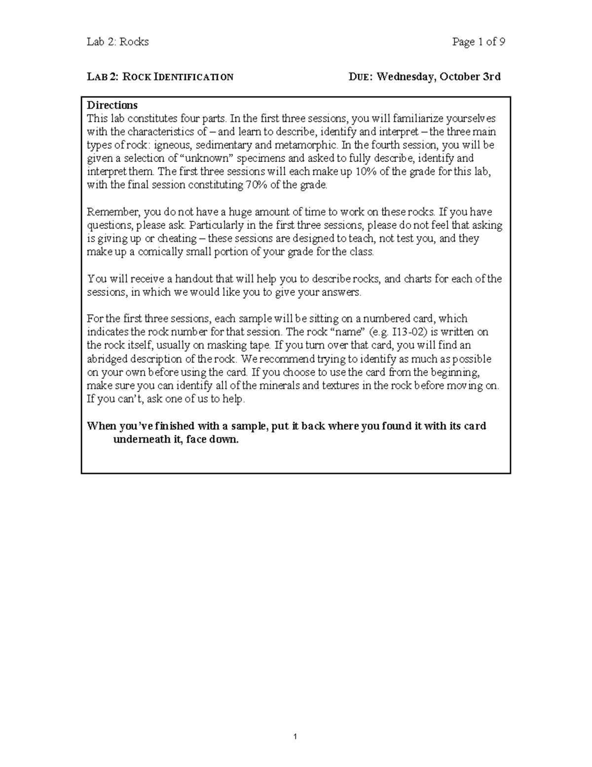 GEO 1111 - ROCK Identification - LAB 2: ROCK IDENTIFICATION DUE ...