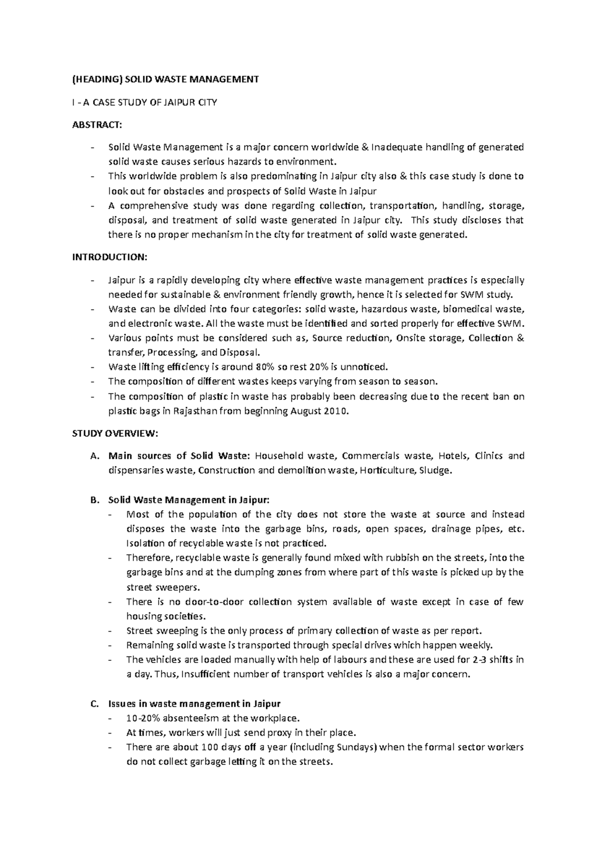 Case Study Jaipur waste management - (HEADING) SOLID WASTE MANAGEMENT I ...