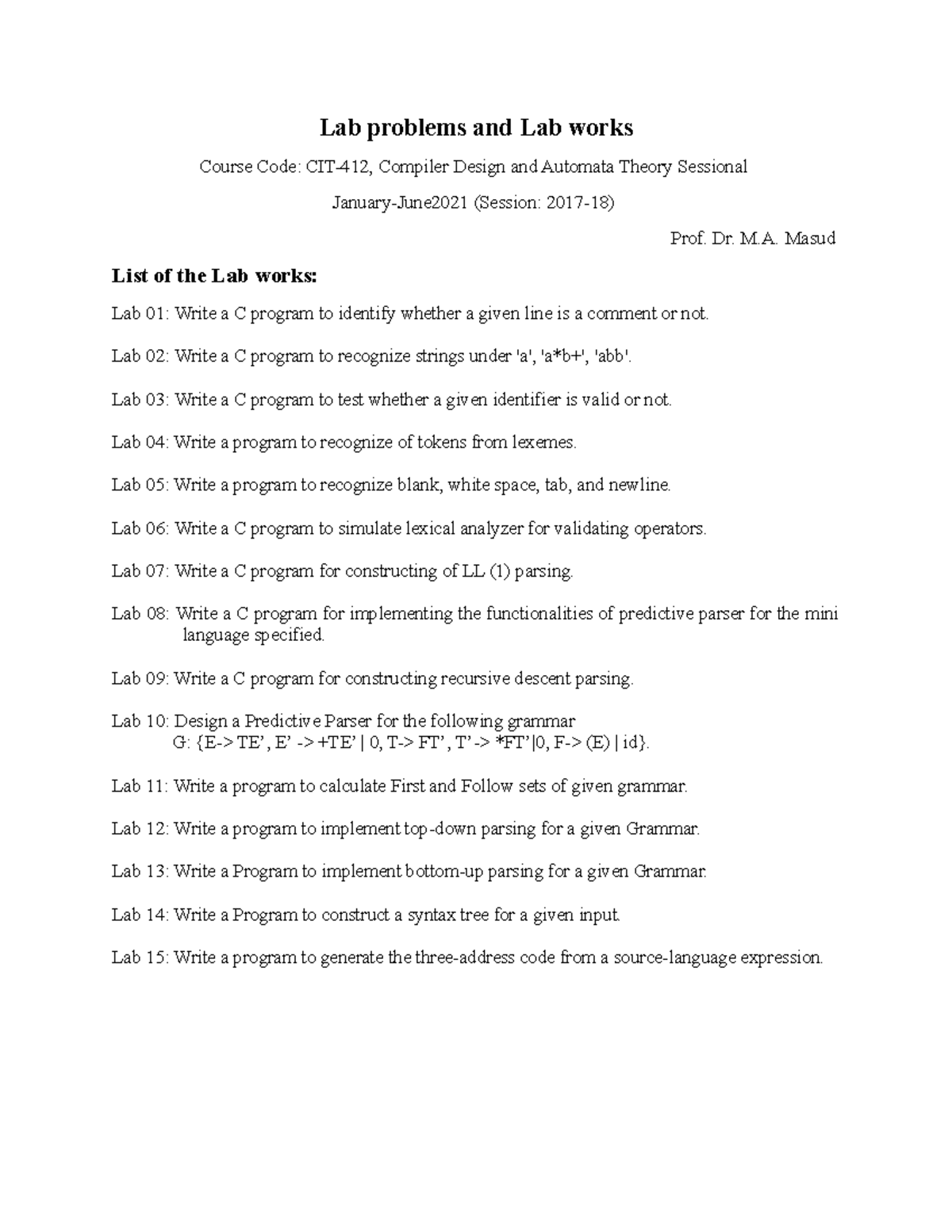 Lab Problems Of Cit 412 Compiler Design Sessional Lab Problems And Lab Works Course Code Cit