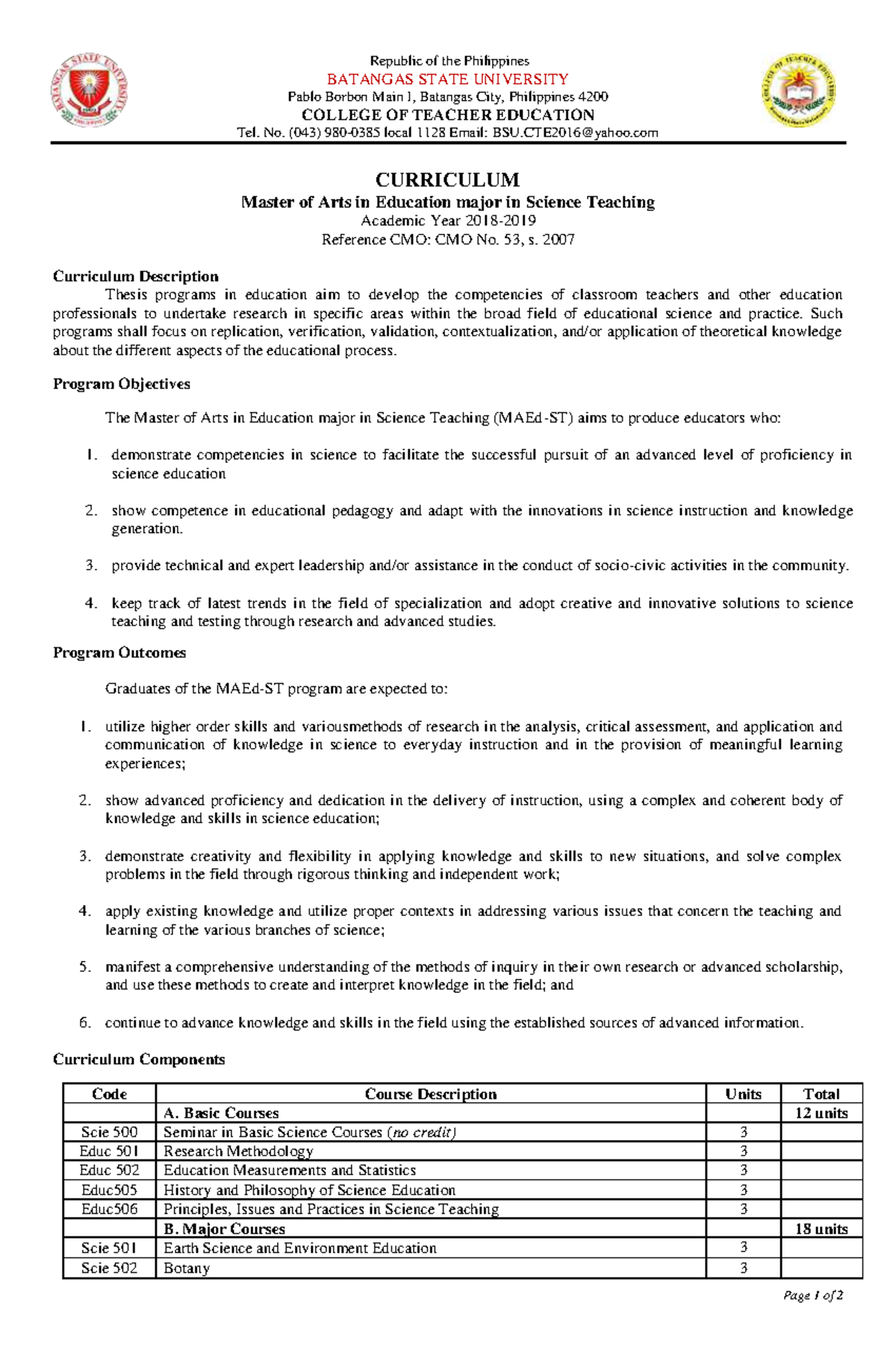 Master of Arts in Education major in Science Teaching - Page 1 of 2 ...