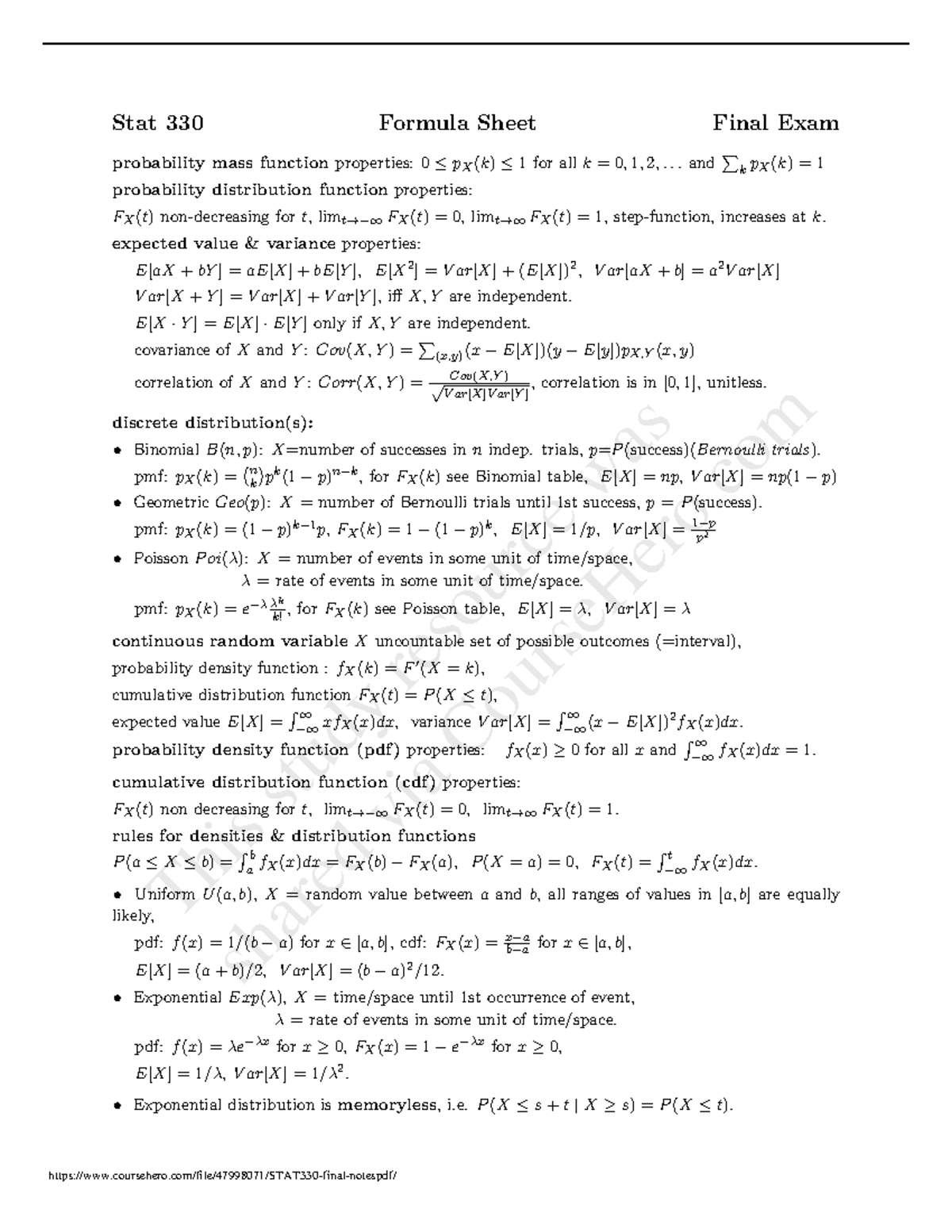 STAT330 final notes - Stat 330 Formula Sheet Final Exam probability ...