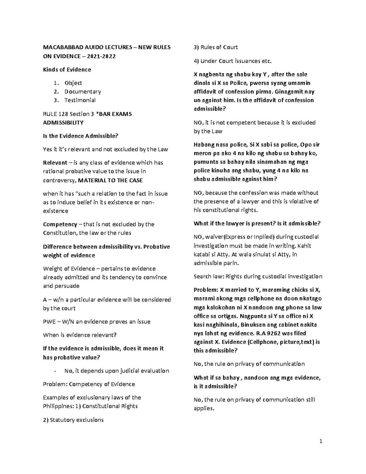 Macabbad Audio Lectures Rules ON Evidence 1 - MACABABBAD AUIDO LECTURES ...