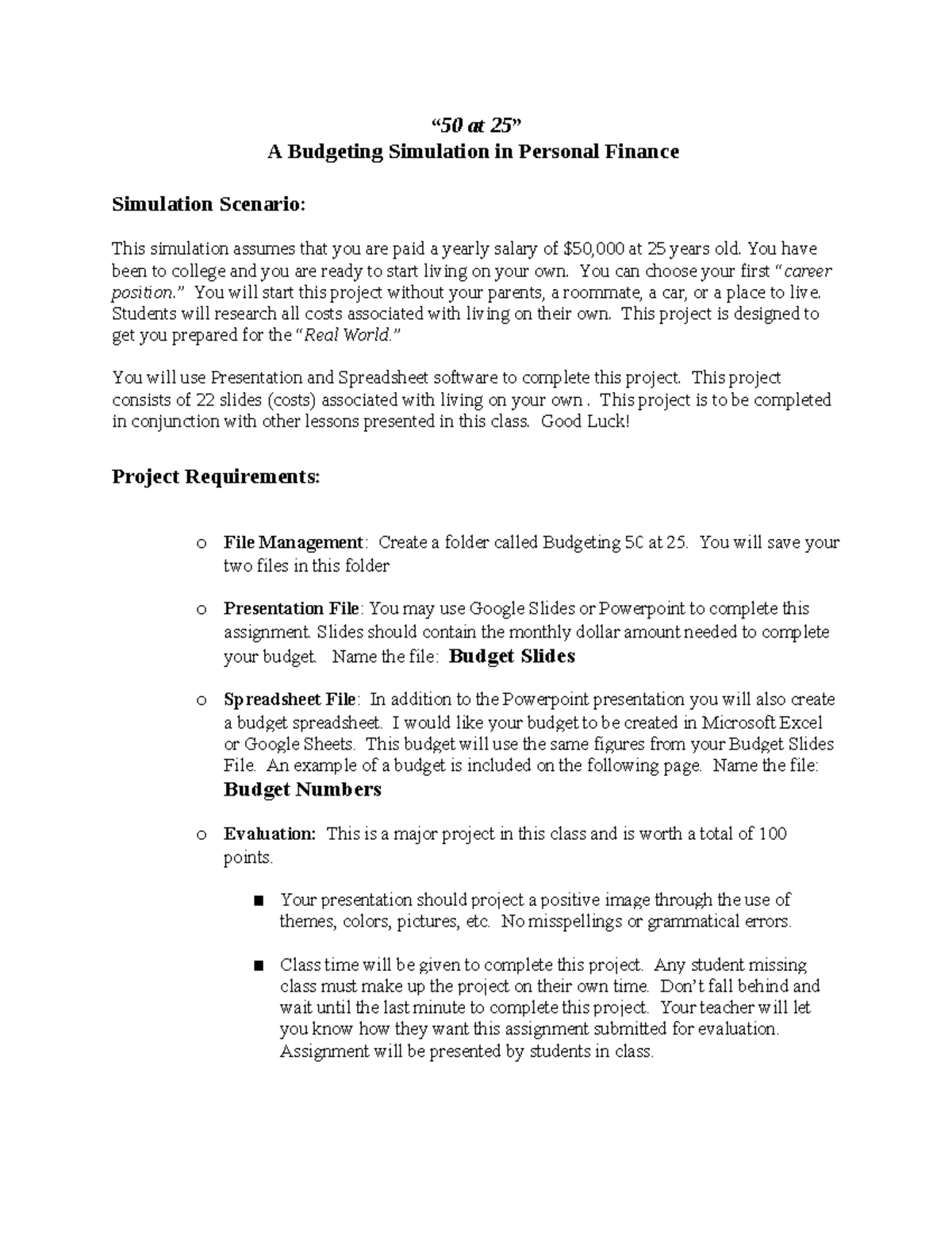 Budgeting Project Personal Finance 1 - “50 at 25” A Budgeting ...