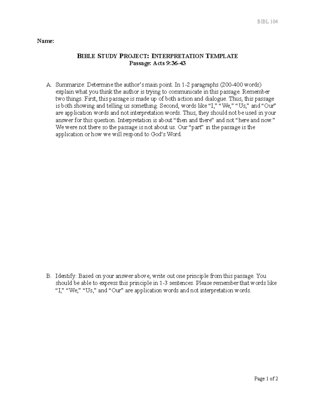 Bible Study Project Interpretation Template - BIBL 104 Name: BIBLE ...