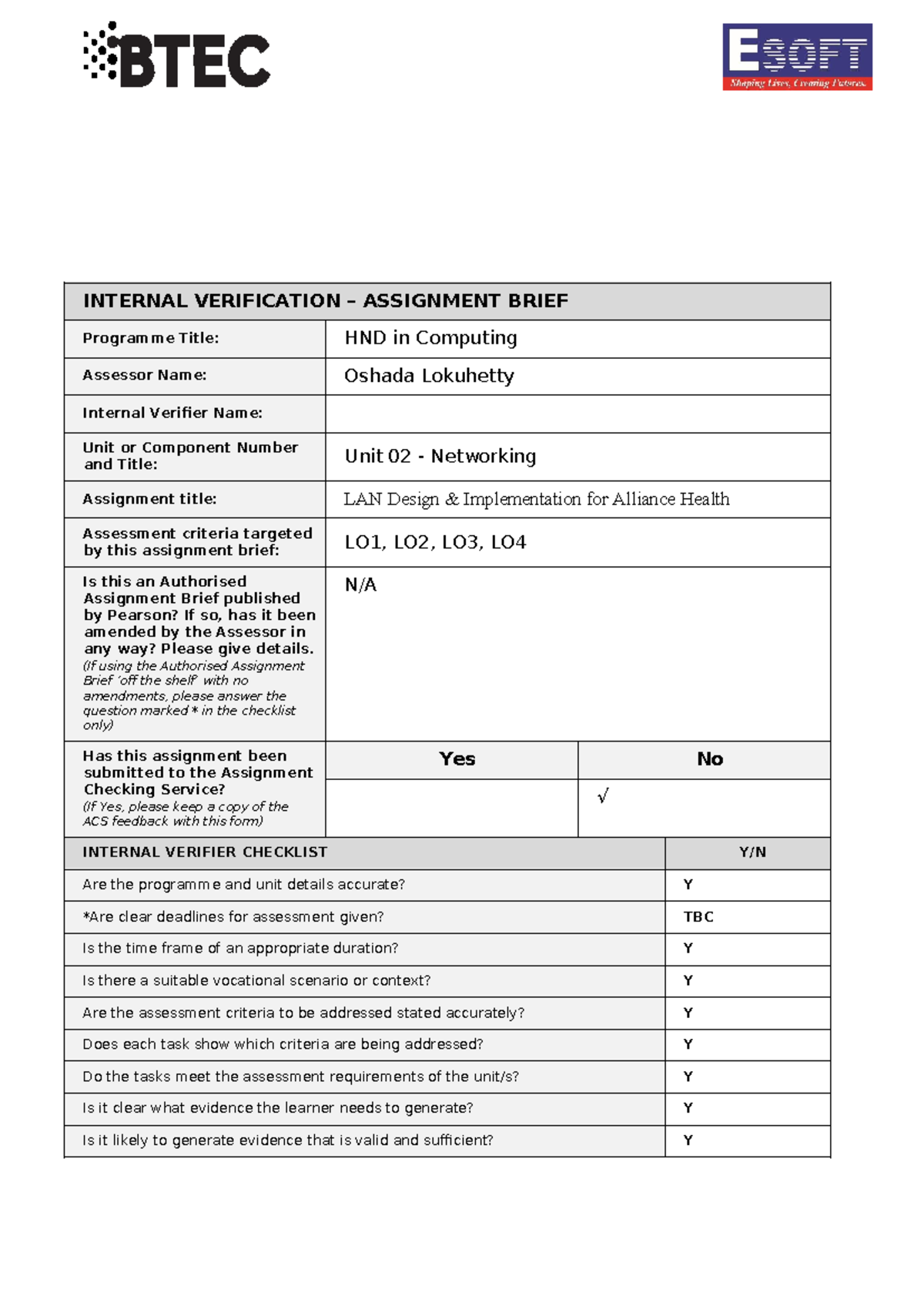 Netwwwwork - INTERNAL VERIFICATION – ASSIGNMENT BRIEF Programme Title ...