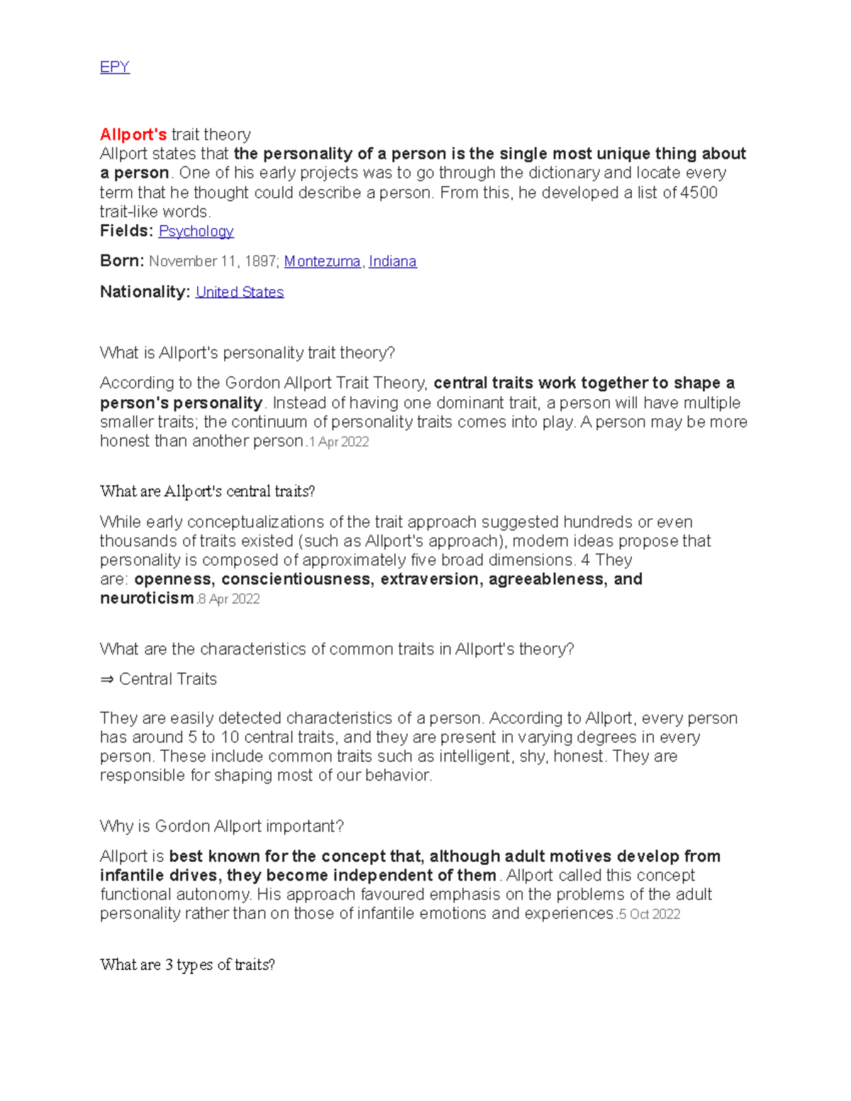 EPY Notes - Allport's trait theory Allport states that the personality ...