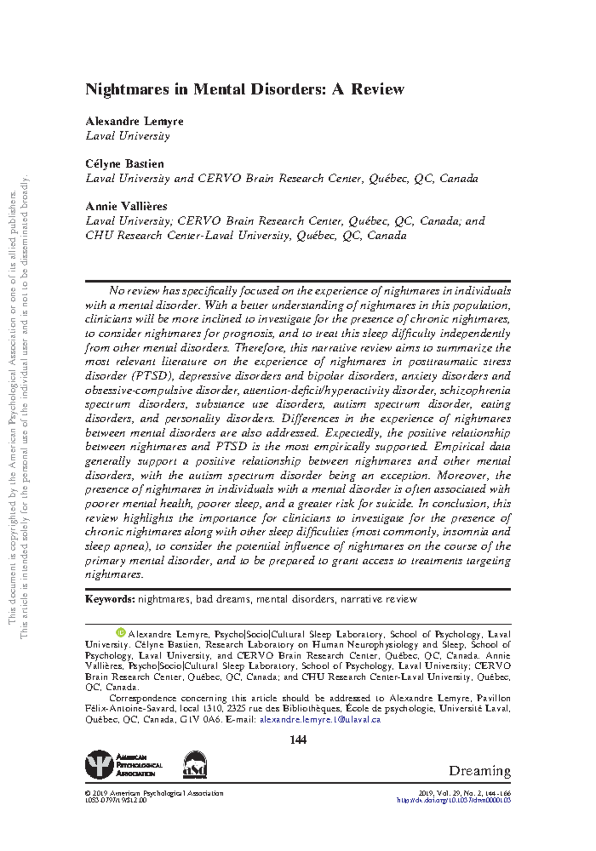 Article 2 - wide - Nightmares in Mental Disorders: A Review Alexandre ...