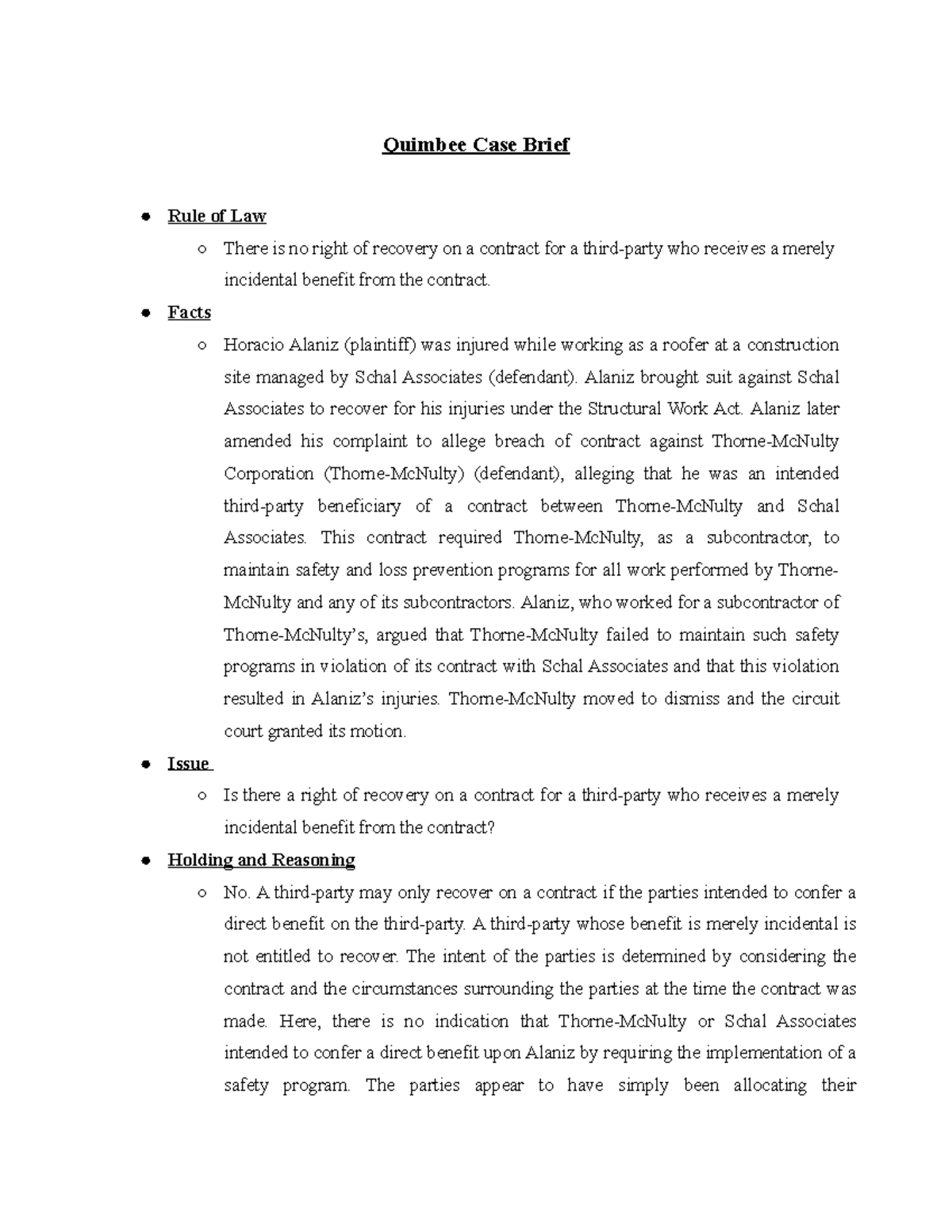 Contracts 2021- Alaniz v. Schal Assoc - Quimbee Case Brief Rule of Law ...