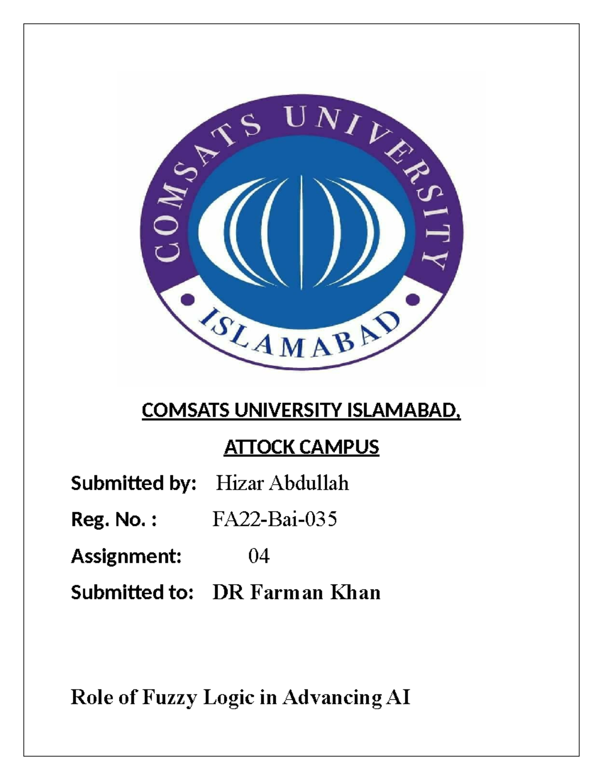 KRAR as 4 - COMSATS UNIVERSITY ISLAMABAD, ATTOCK CAMPUS Submitted by: Hizar Abdullah Reg. No ...