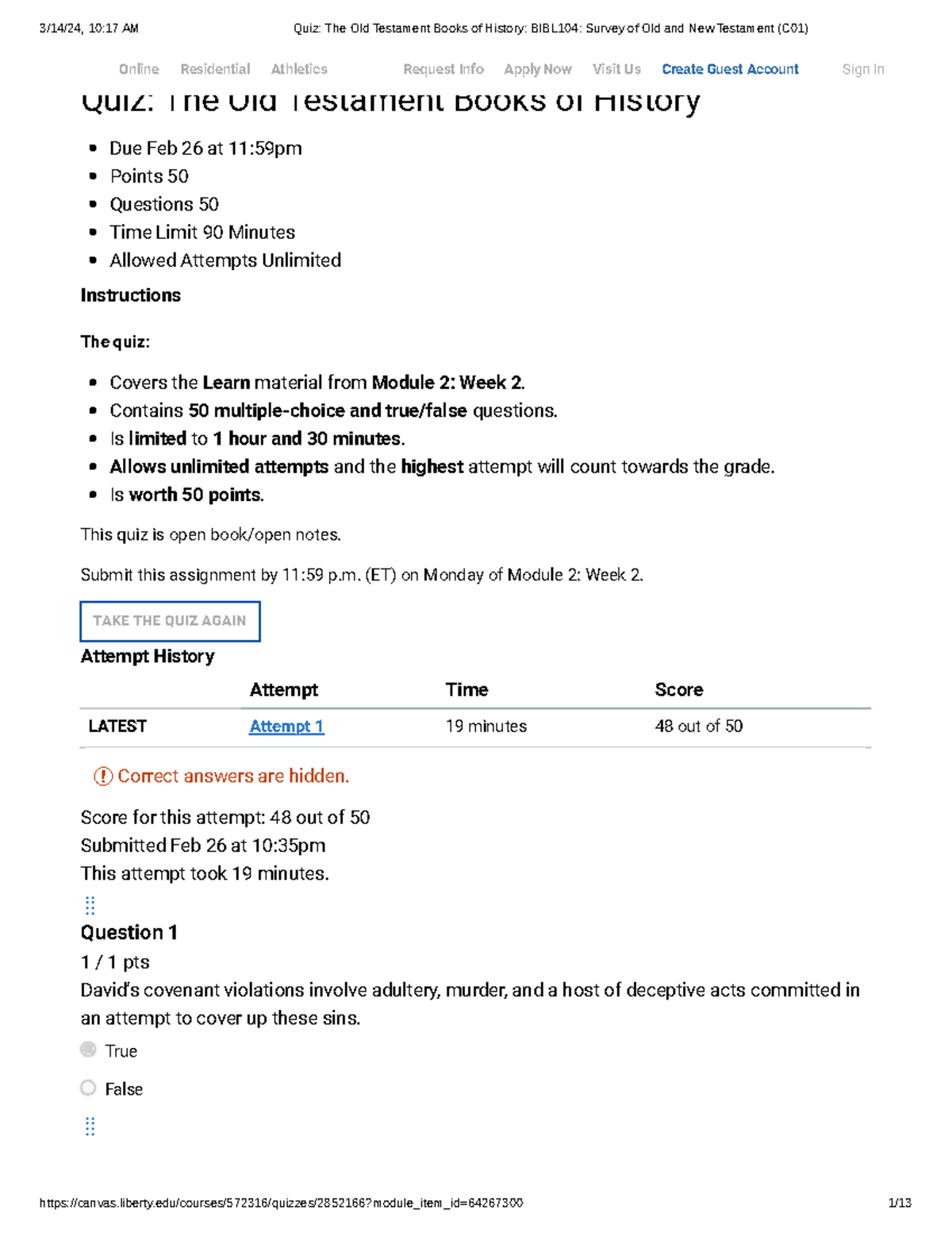 Quiz The Old Testament Books of History BIBL104 Survey of Old and New ...