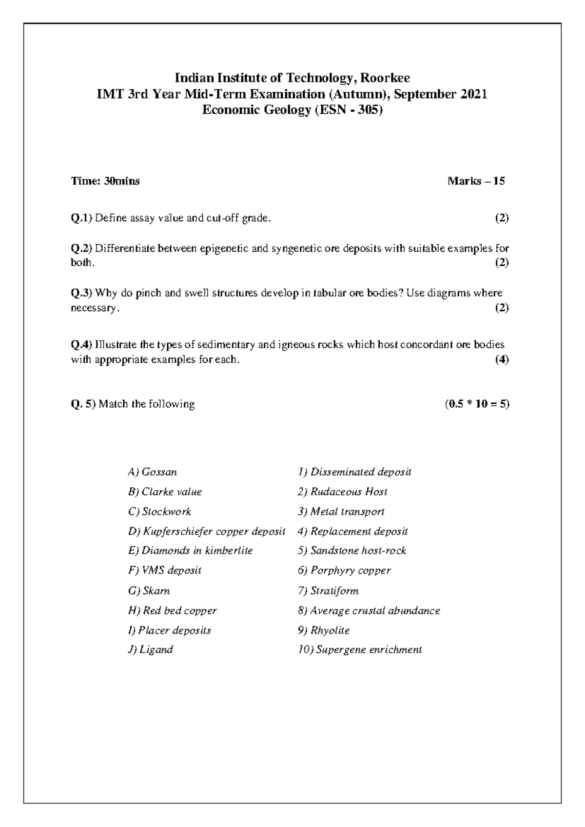 MTE 2021 ESN 305 - Indian Institute of Technology, Roorkee IMT 3rd Year ...
