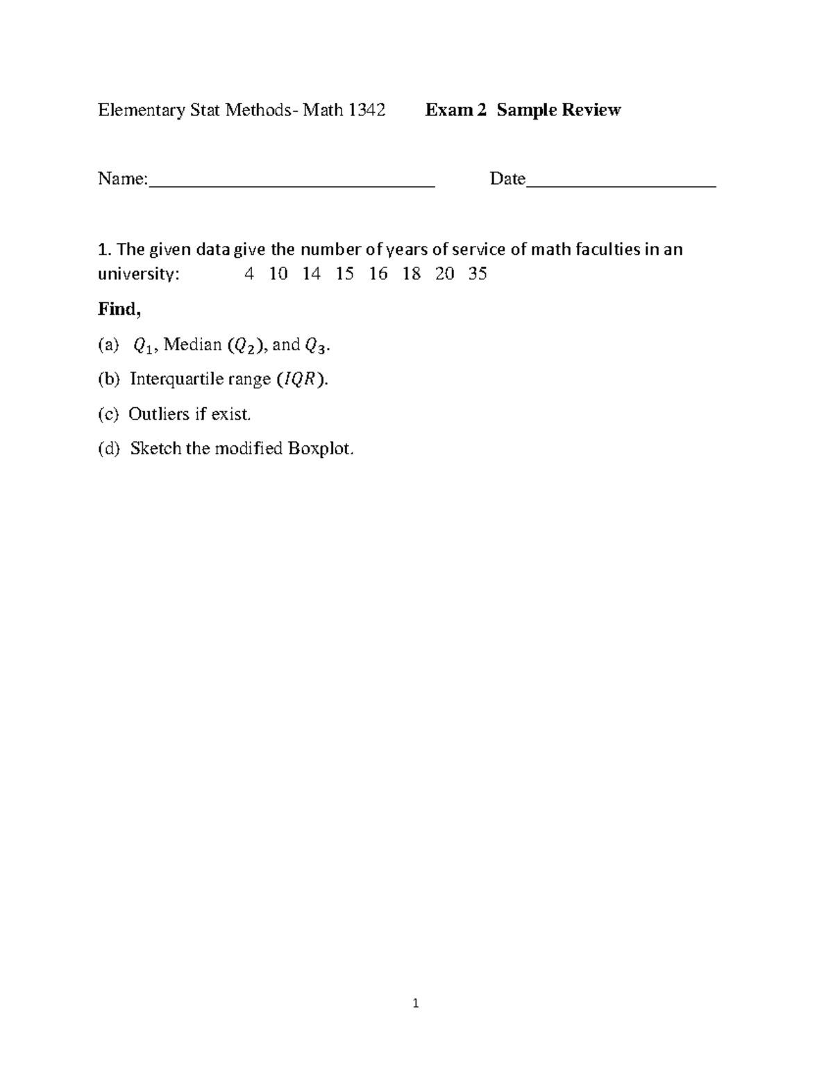 Exam 2 Sample Review - Study material for exams - Elementary Stat ...