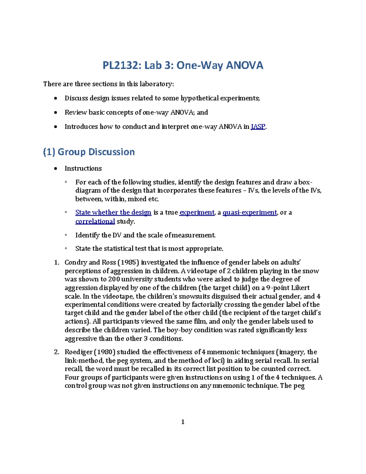 Lab3 - lab - PL2132: Lab 3: One-Way ANOVA There are three sections in this laboratory: Discuss ...