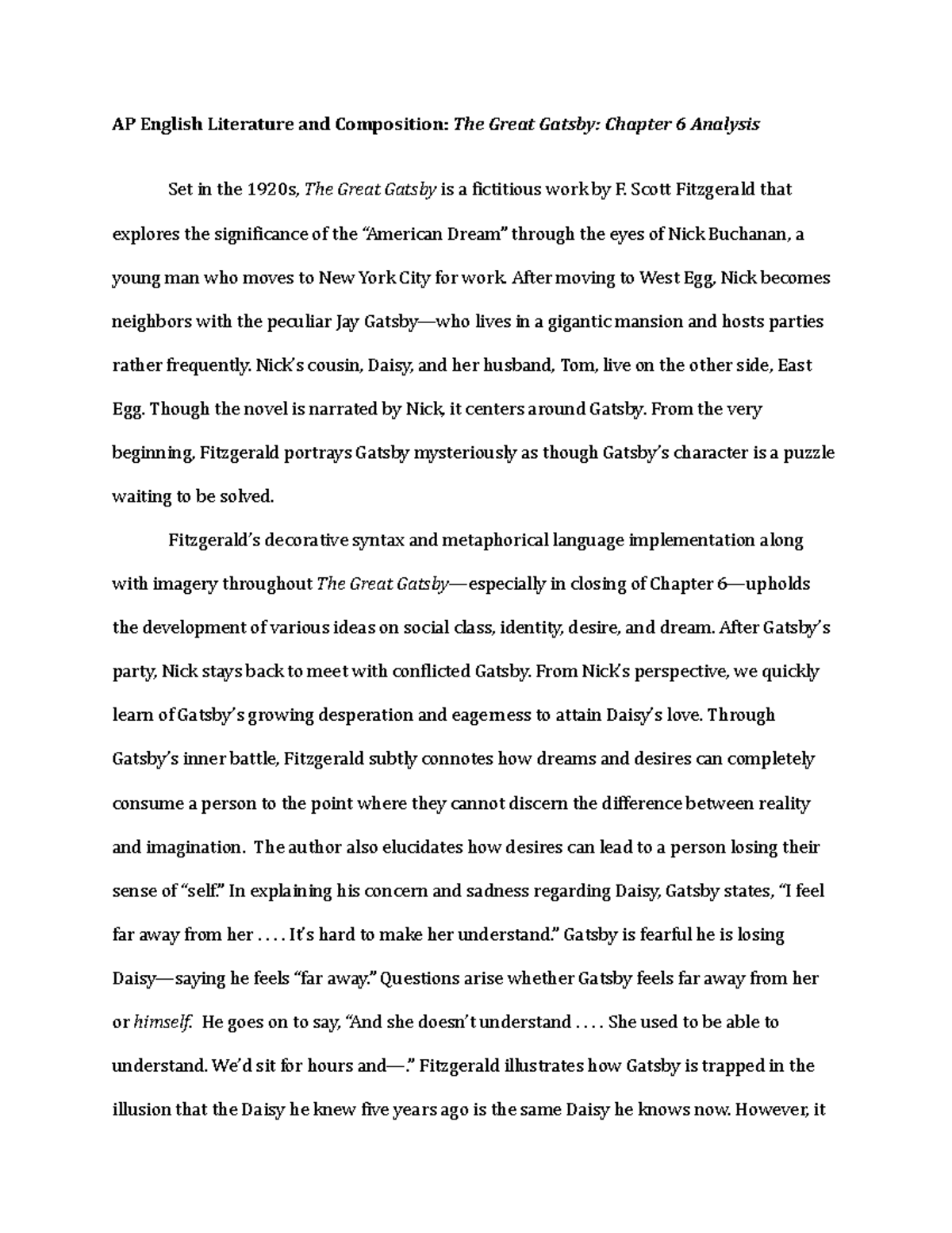 The Great Gatsby Ch. 6 Essay Analysis - AP English Literature and ...