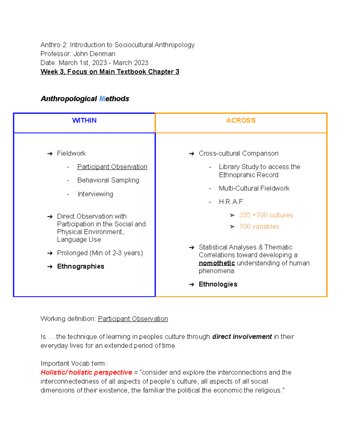 Anthropology Class Notes Week 3 March 1 - Anthro 2: Introduction to ...
