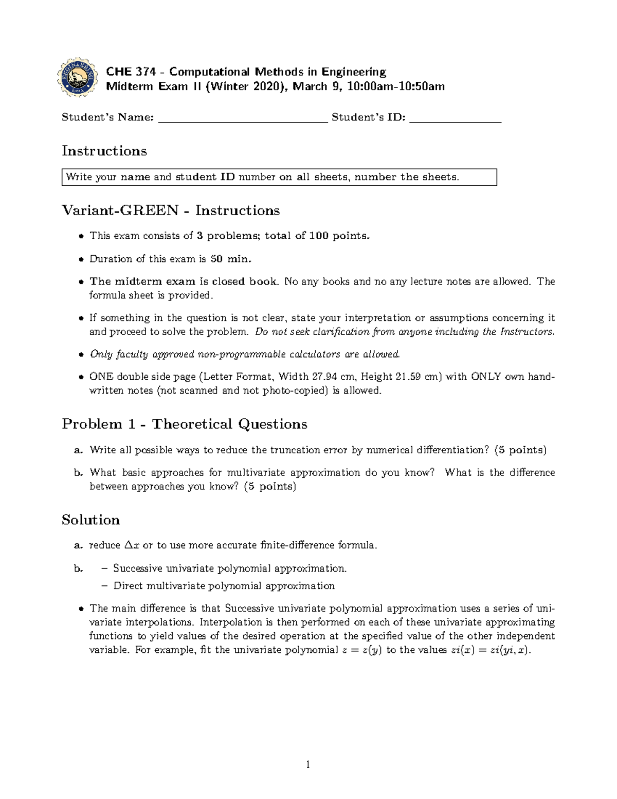 Exam, answers - CHE 374 - Computational Methods in Engineering Midterm Exam II (Winter 2020 ...