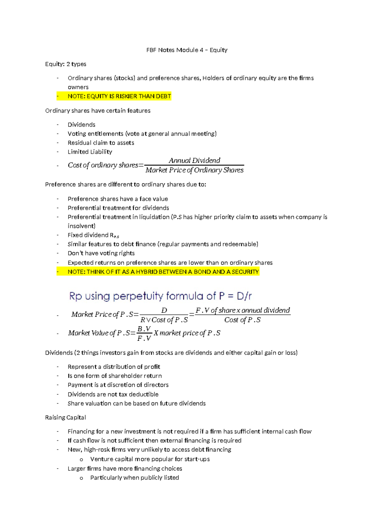FBF Notes Module 4 - Equity - FBF Notes Module 4 – Equity Equity: 2 ...