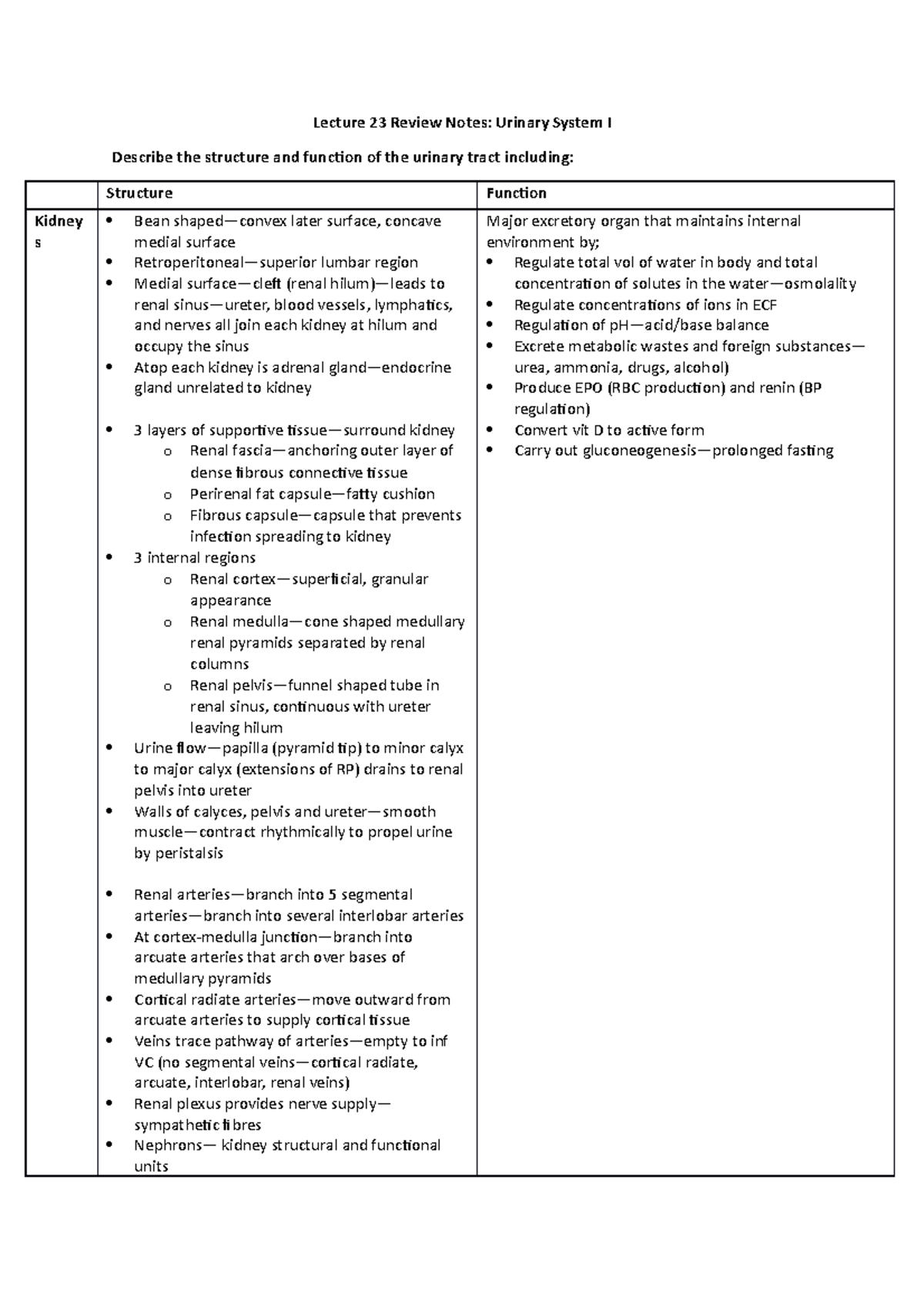 Urinary 1: Urinary System - Lecture 23 Review Notes: Urinary System I ...