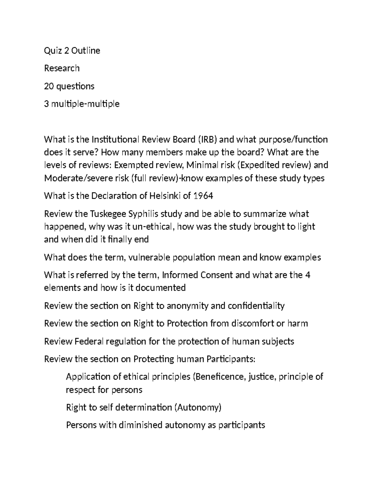 NUR 3165 Research quiz 2 outline - Quiz 2 Outline Research 20 questions 3 multiple-multiple What ...