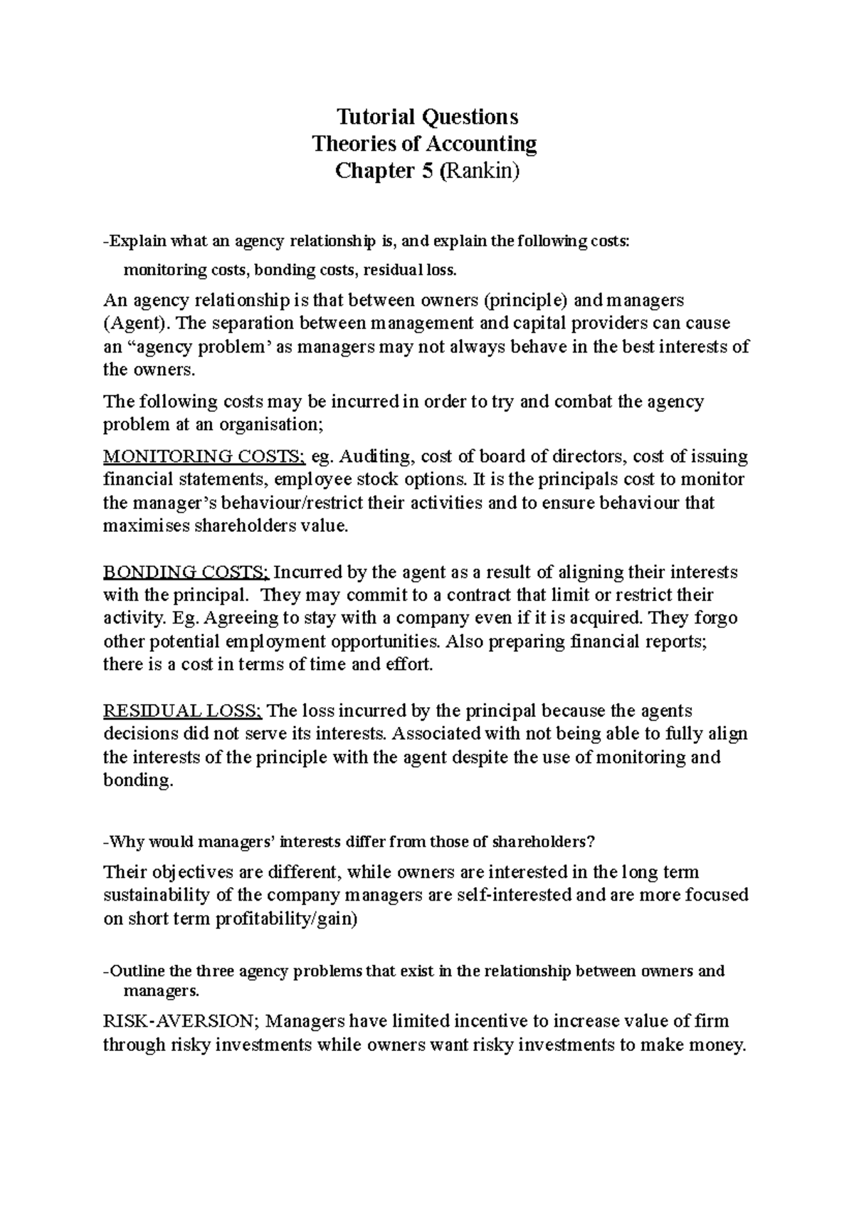 Tutorial 7 Questions TOA Tutorial Questions Theories Of Accounting