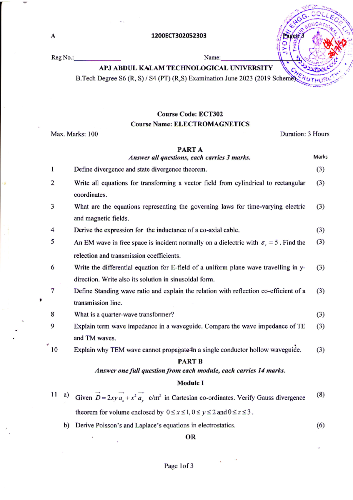 ECT302 Electromagnetics, JUNE 2023 - l. A RegNo.: 1200ECT3020s ...