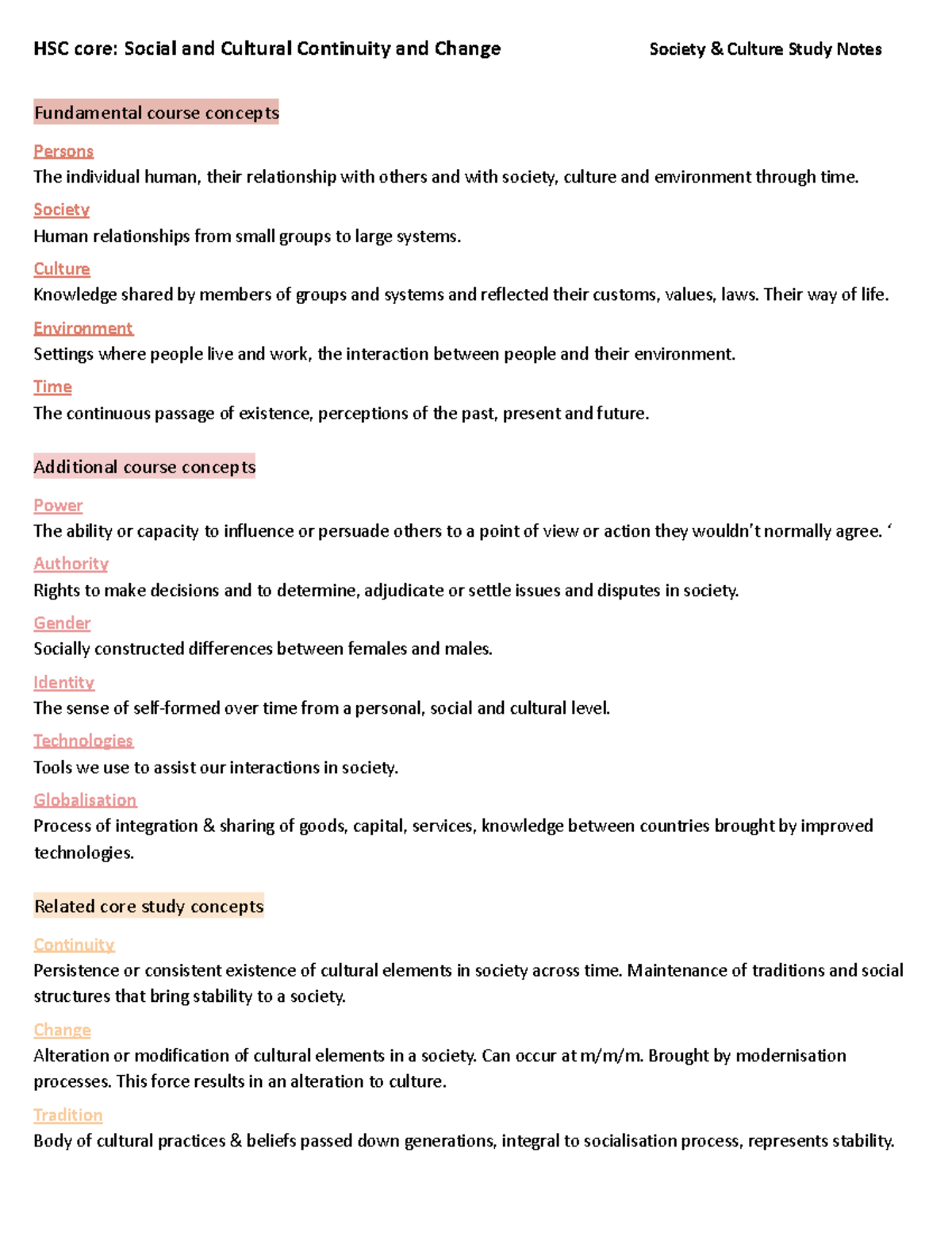 Continuity and Change Study Notes - HSC core: Social and Cultural ...