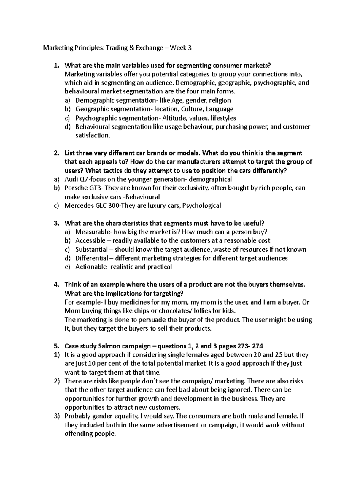 Week 3 answers mark - Marketing Principles: Trading & Exchange – Week 3 What are the main - Studocu