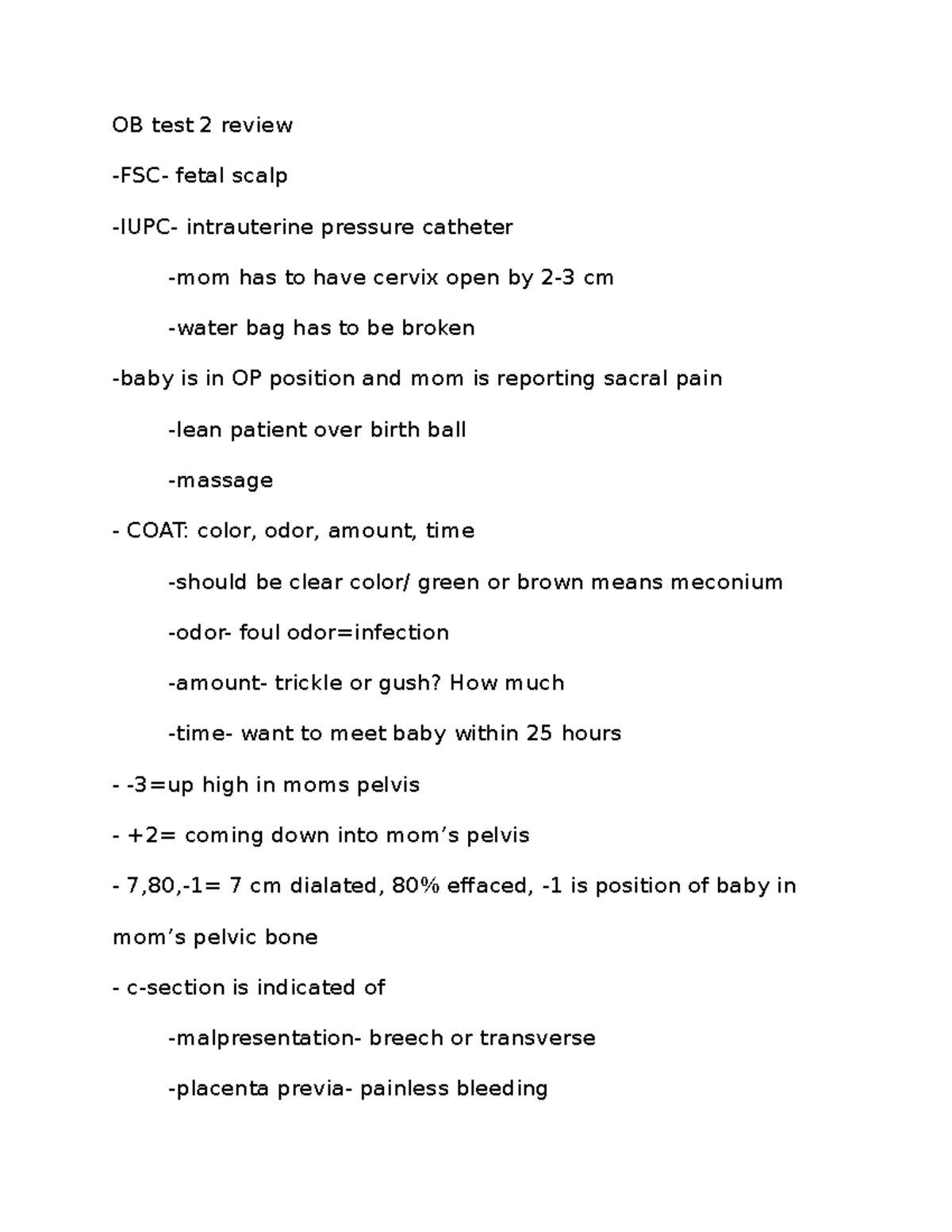 OB test 2 reviews - OB test 2 review -FSC- fetal scalp -IUPC ...