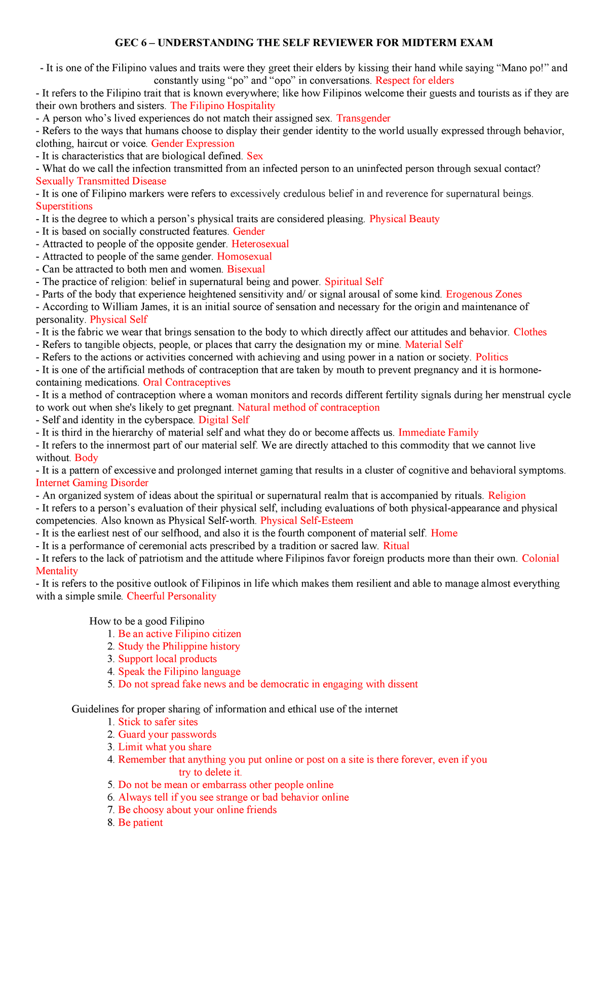 UTS Midterm Reviewer Bscpe - GEC 6 – UNDERSTANDING THE SELF REVIEWER FOR MIDTERM EXAM It is one ...