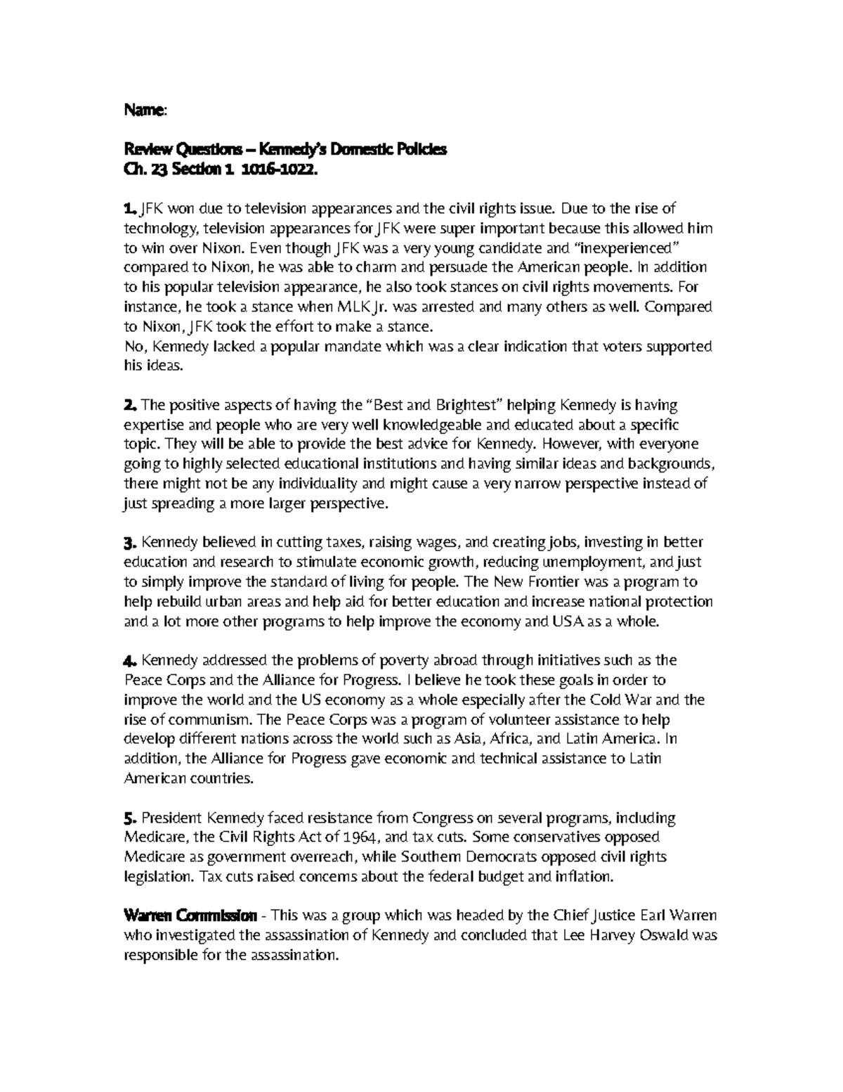 Honors US History Kennedy Domestic Policy - Name: Review Questions ...