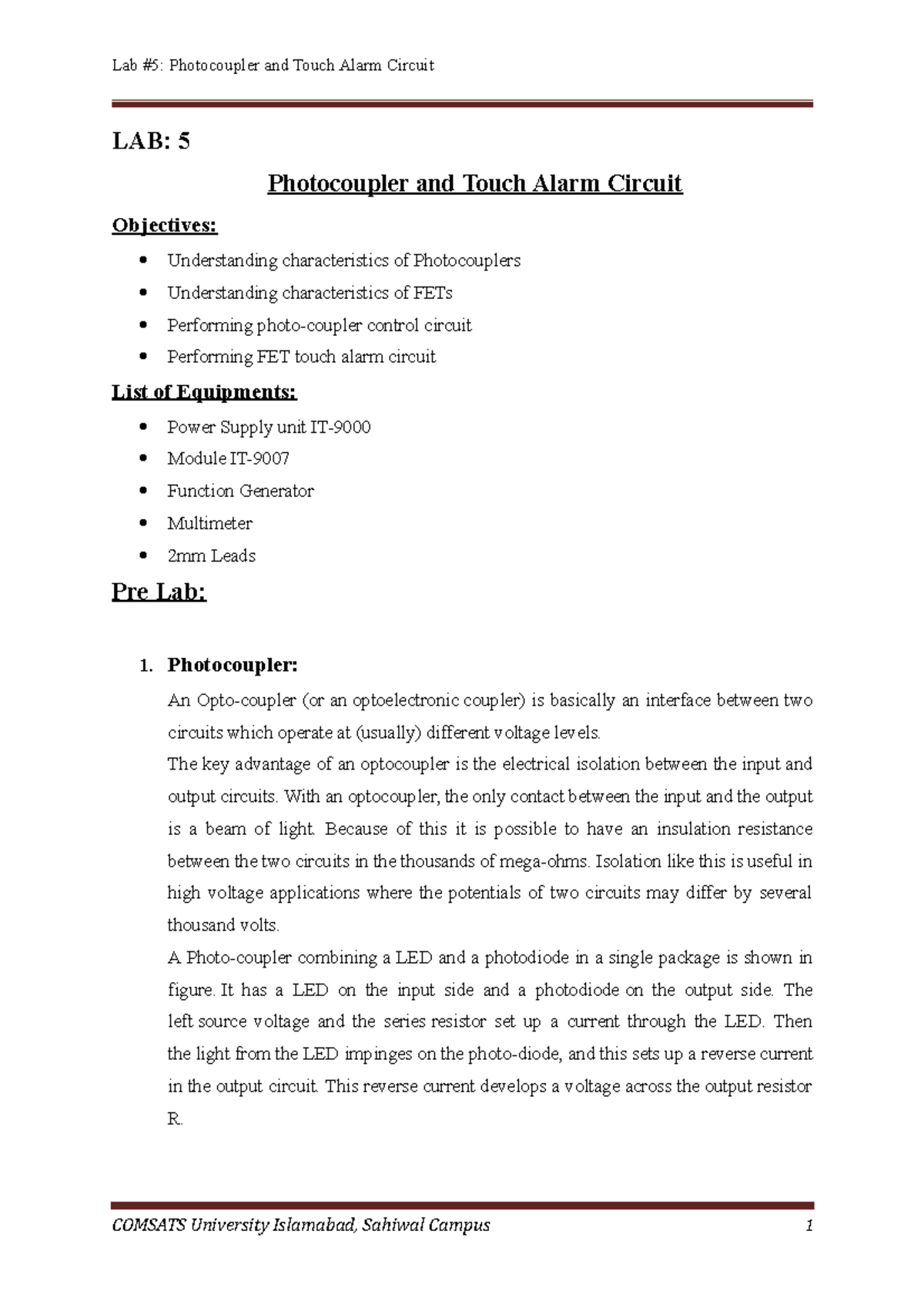 Experiment No 05 - industrial electronics - LAB: 5 Photocoupler and Touch Alarm Circuit ...