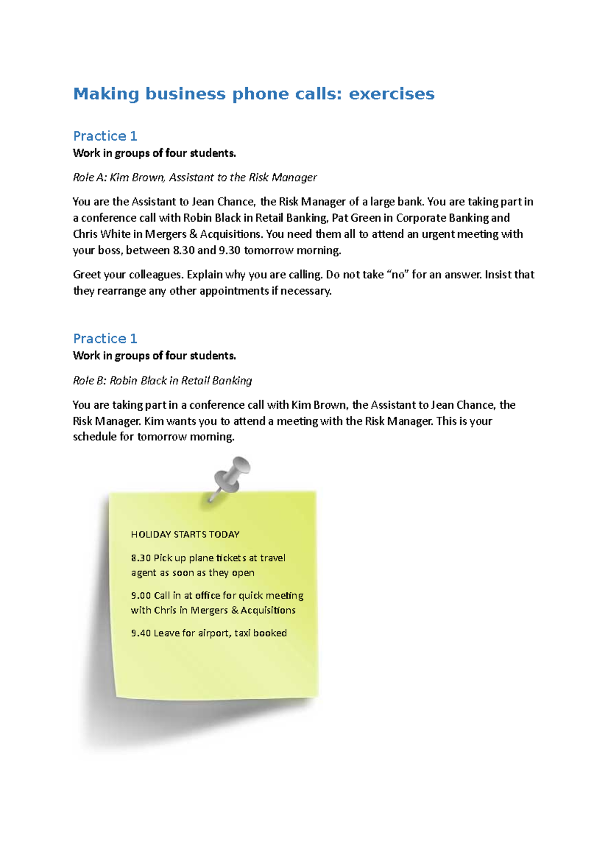 Telephoning - roles practice - Making business phone calls: exercises ...