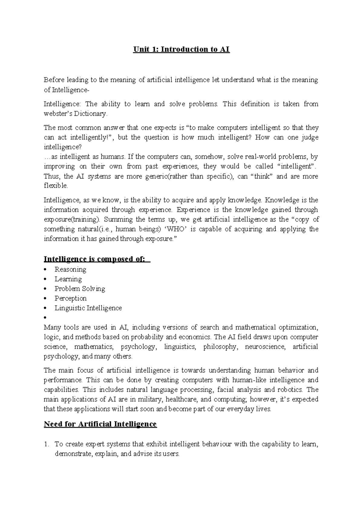 Unit 1 Notes - Unit 1: Introduction to AI Before leading to the meaning ...