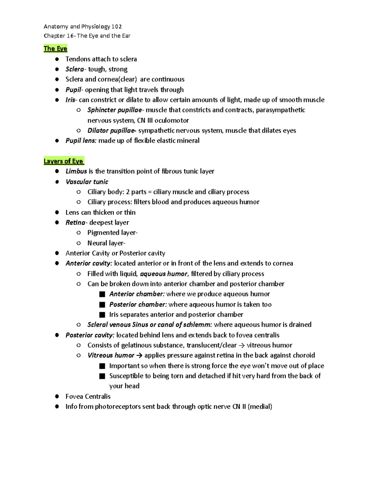 Anatomy and Physiology 102 Chapter 16 Eye and Ear Lecture Notes Winter ...