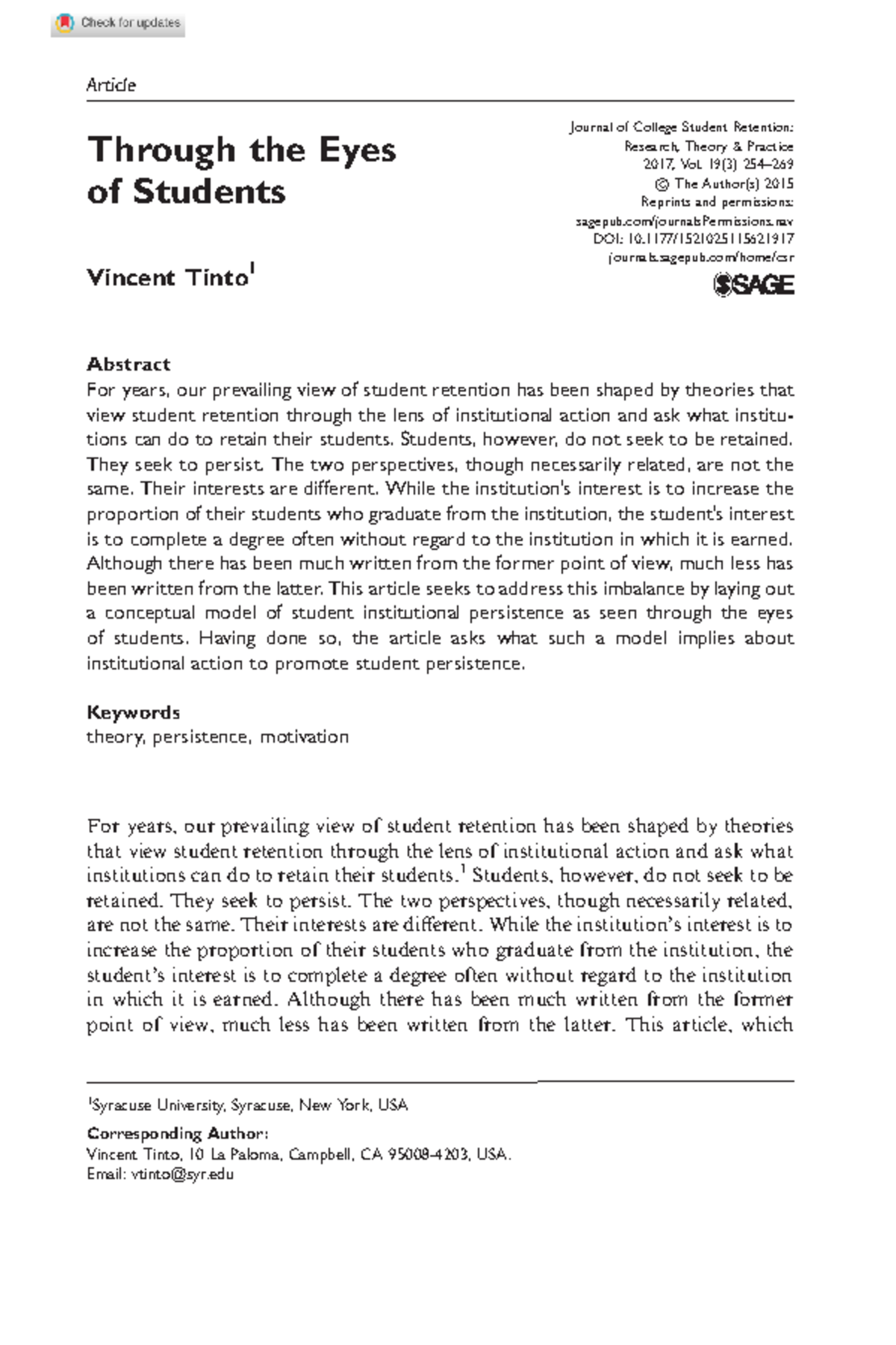 Through the Eyes of Students Tinto - Article Through the Eyes of ...