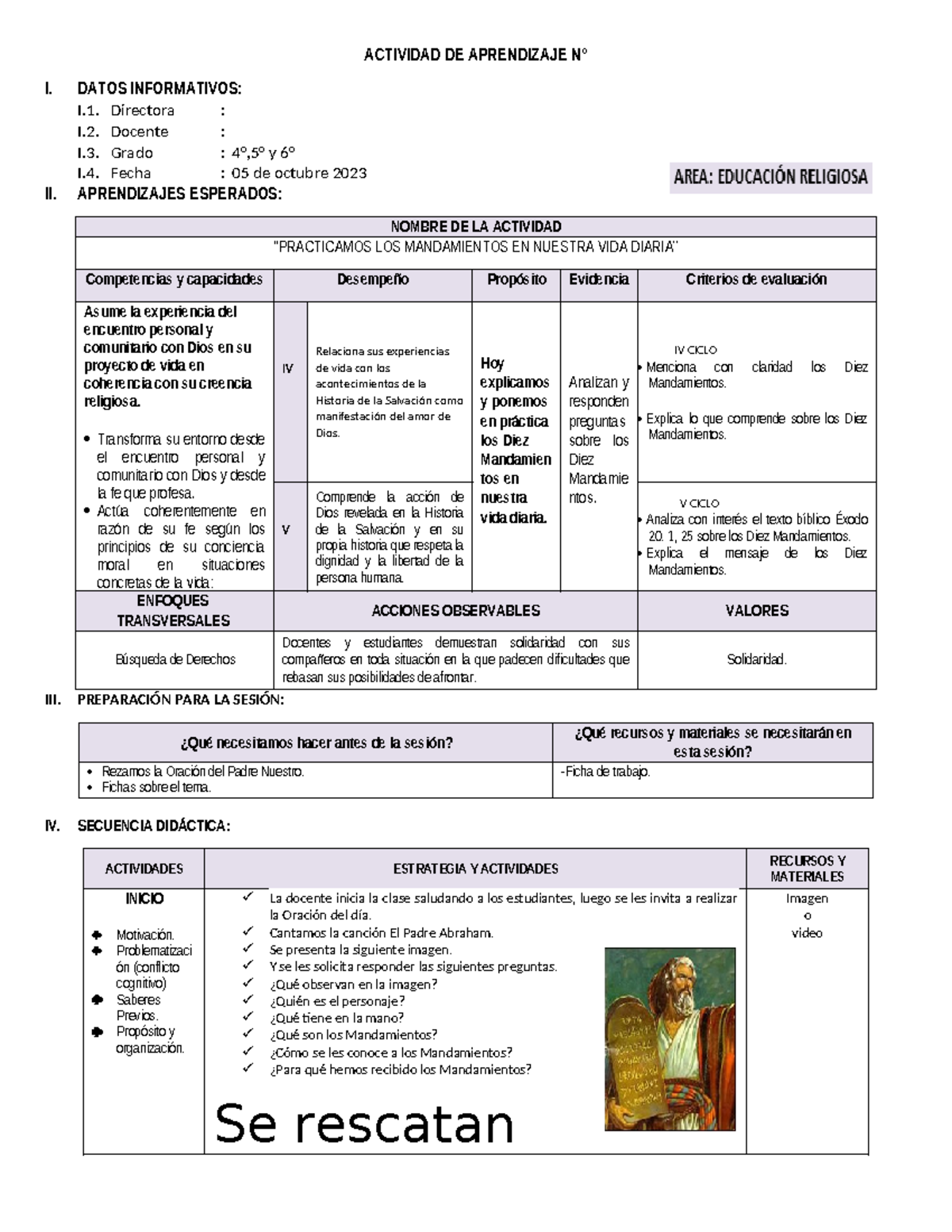 Sesion DE 1° LOS Mandamientos - ACTIVIDAD DE APRENDIZAJE N° I. DATOS ...