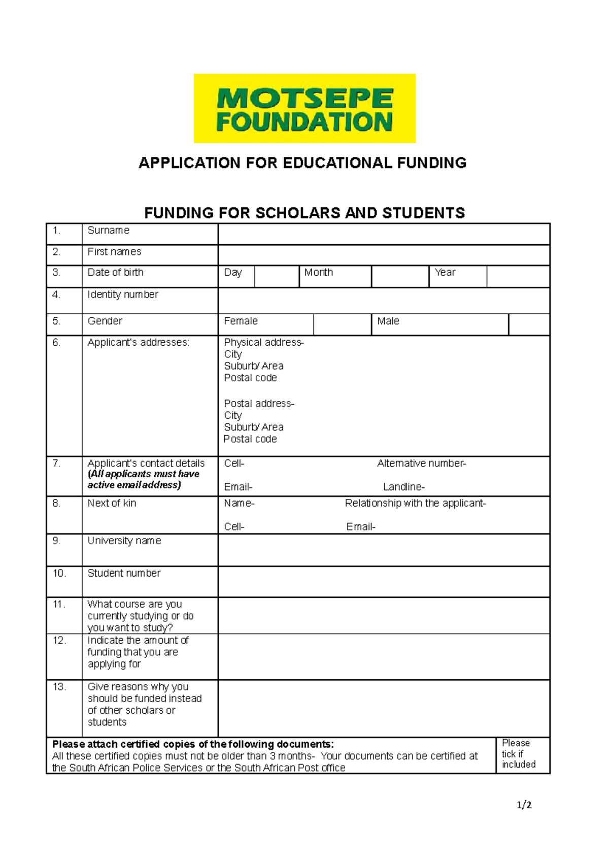 Motsepe Foundation Bursary Application Form - APPLICATION FOR ...