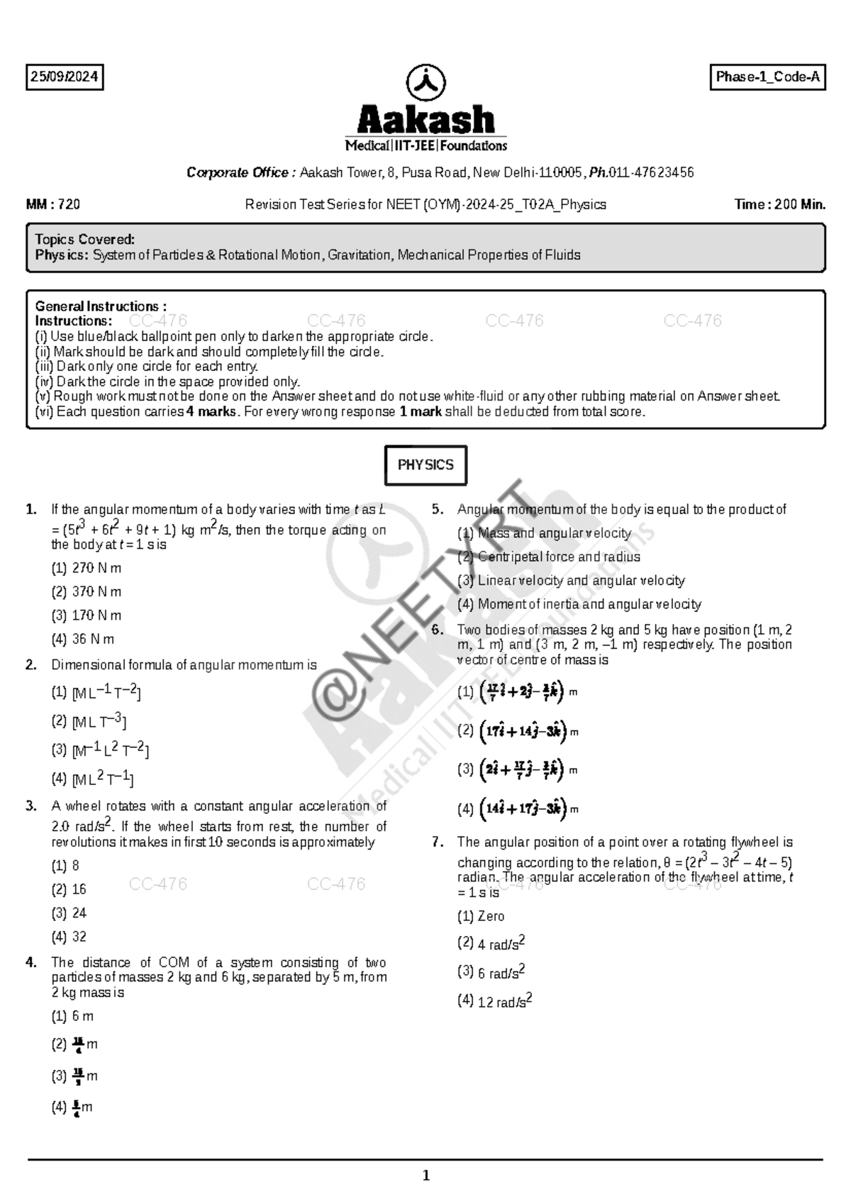 P 02 RTS OYM Question Paper BY @ Neetxrt - 25/09/ Corporate Office ...