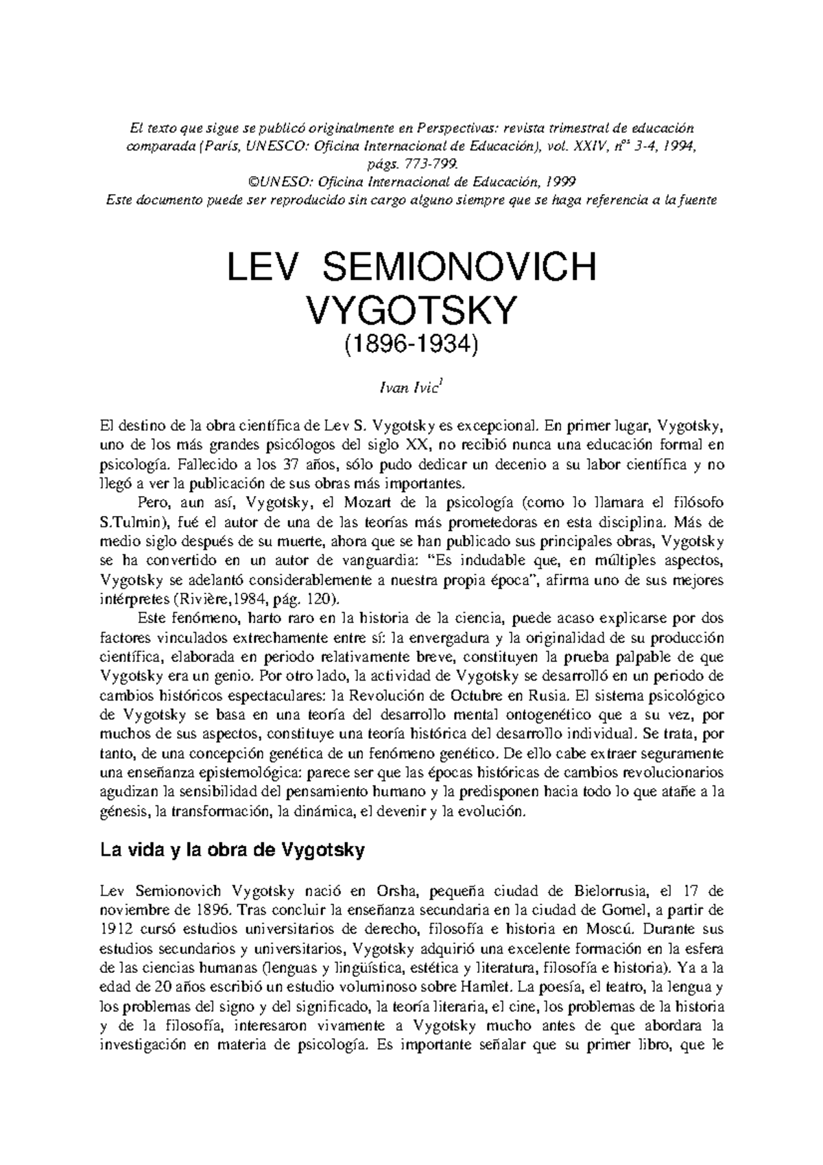 Ivic, I. LEV Semionovich Vygotsky - El texto que sigue se publicó ...