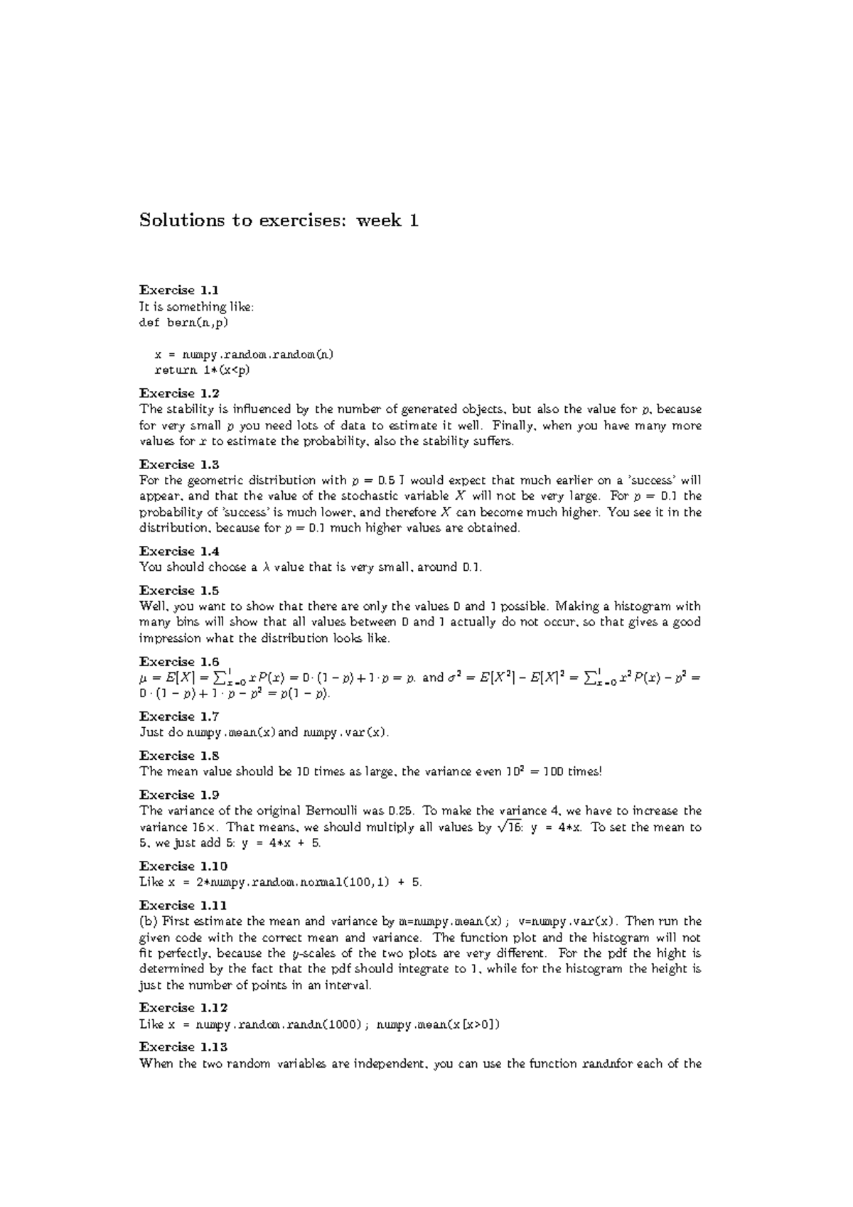 Solutions 1 exercises - Solutions to exercises: week 1 Exercise 1. It is something like: def ...