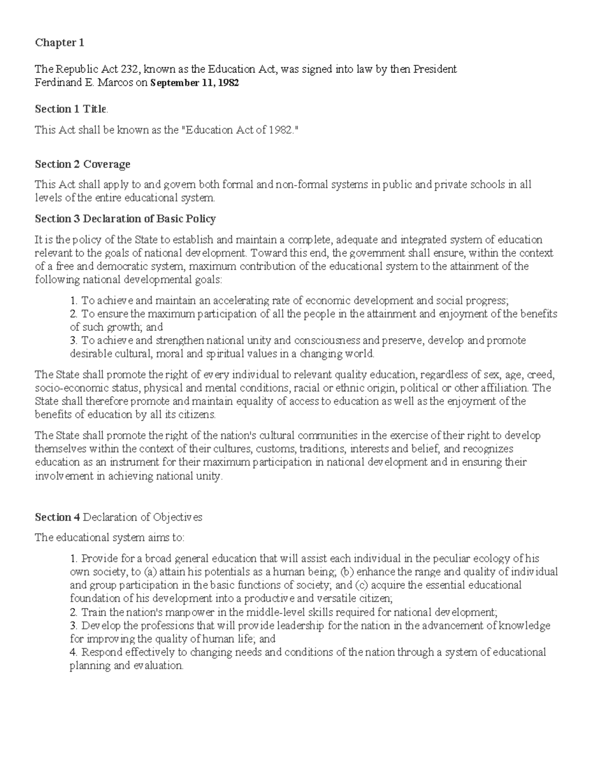 BP 232 - Chapter 1 The Republic Act 232, known as the Education Act ...