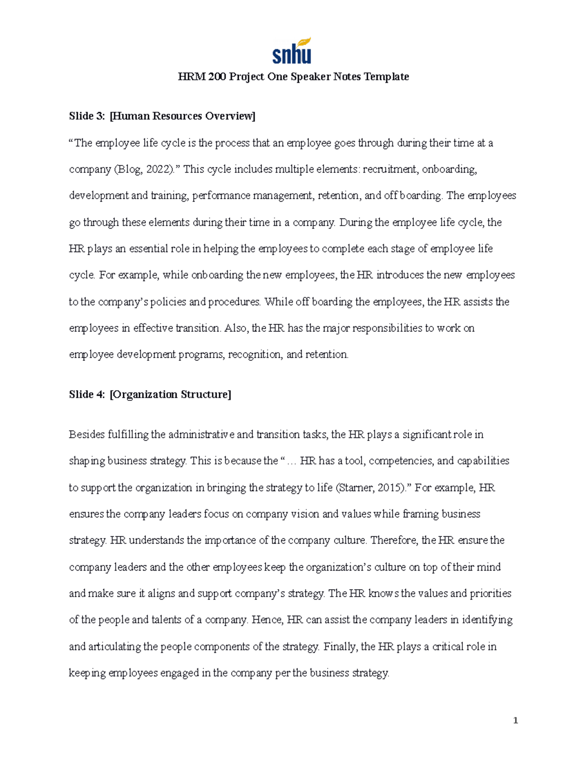 HRM 200 Milestone One - Assignmrnt - HRM 200 Project One Speaker Notes ...
