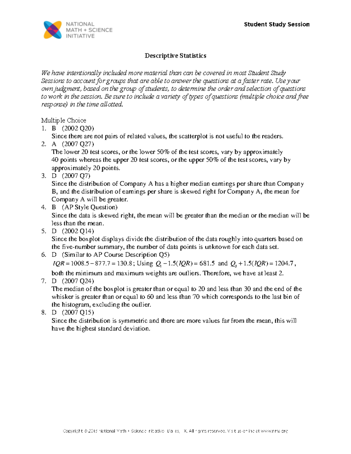 1 Descriptive Statistics Answer KEY - Descriptive Statistics We have ...