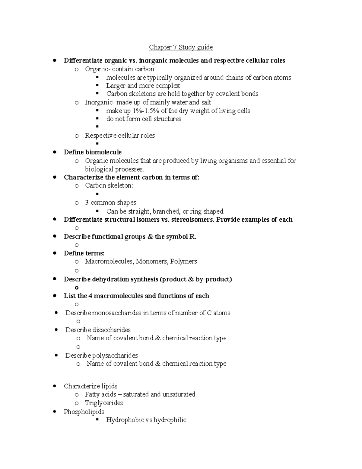 Chapter 7 Study Guide - Chapter 7 Study guide Differentiate organic vs. inorganic molecules and ...