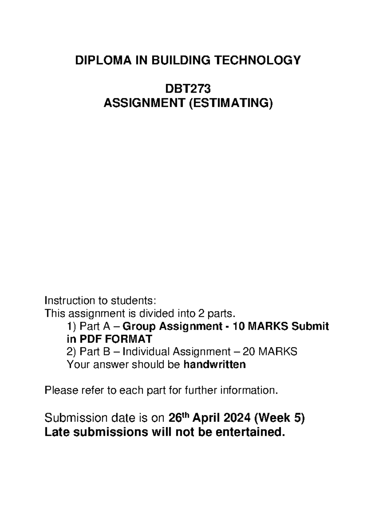 1.EST-Group and Individual Assignment - DIPLOMA IN BUILDING TECHNOLOGY ...