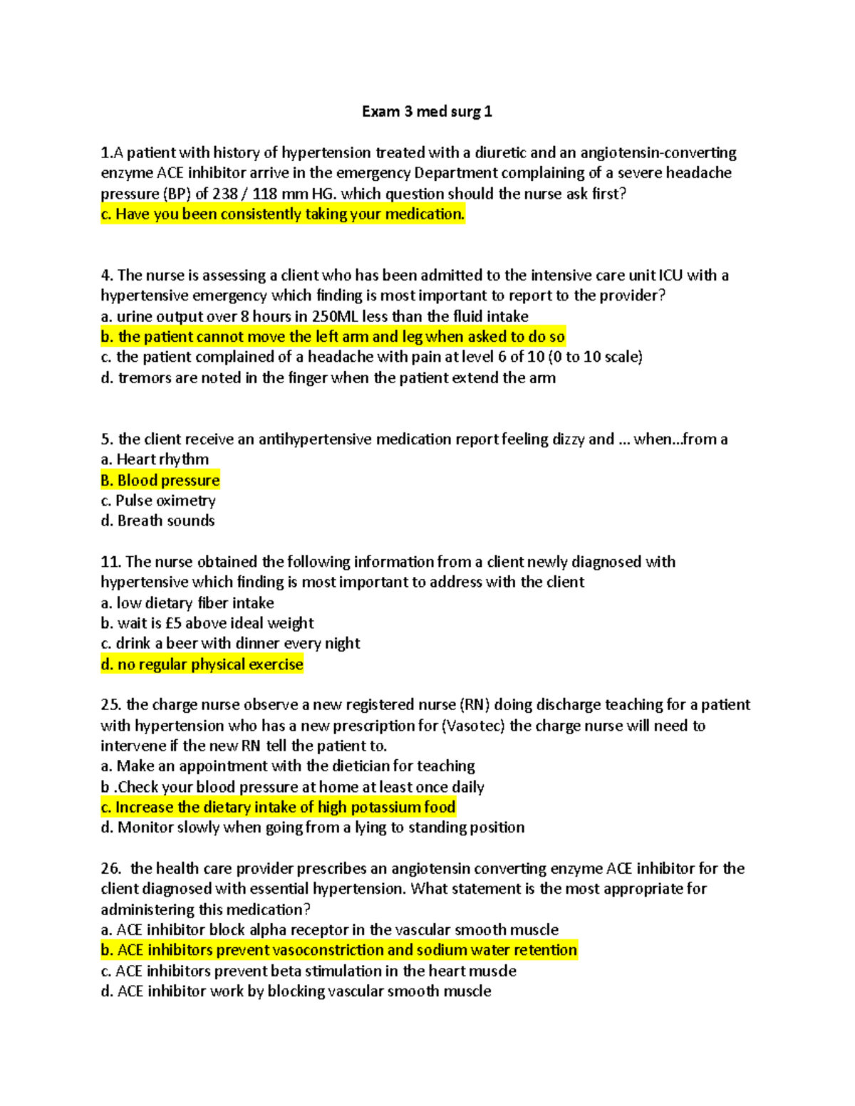 Med Surg 1, Exam 3 - other .... ....... - Exam 3 med surg 1 1 patient ...