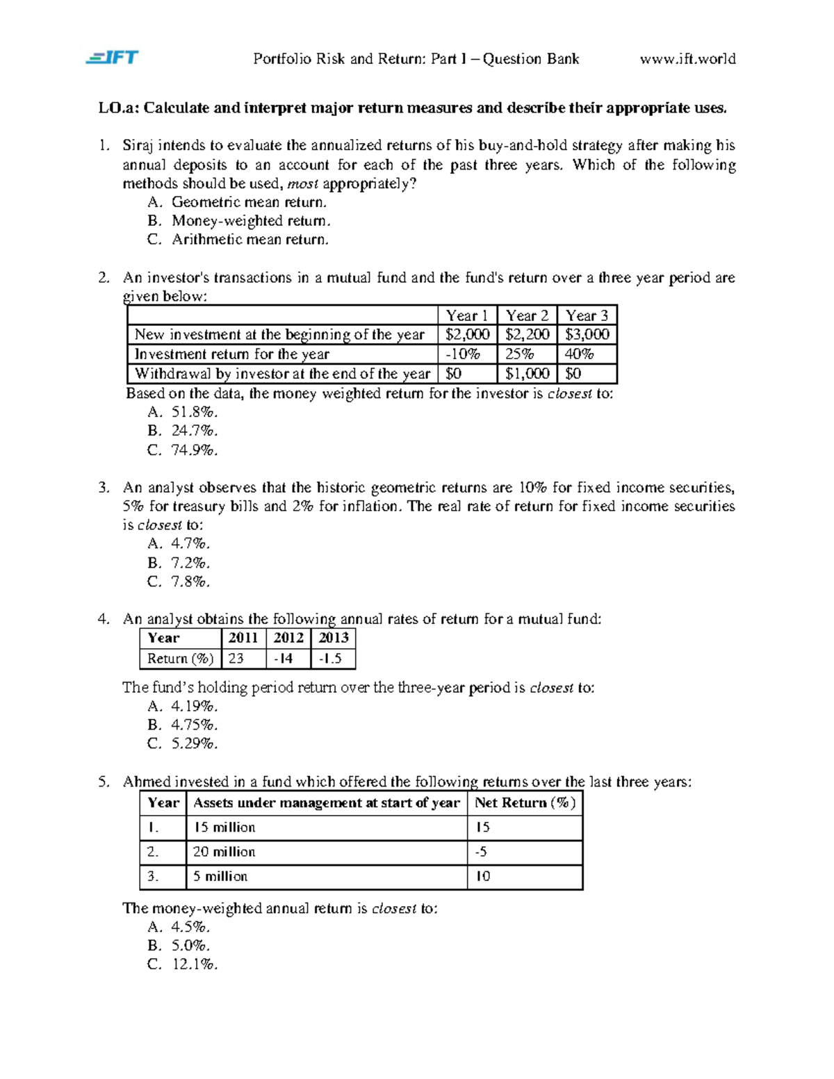 R42 Portfolio Risk And Return Part I Q Bank LO Calculate And
