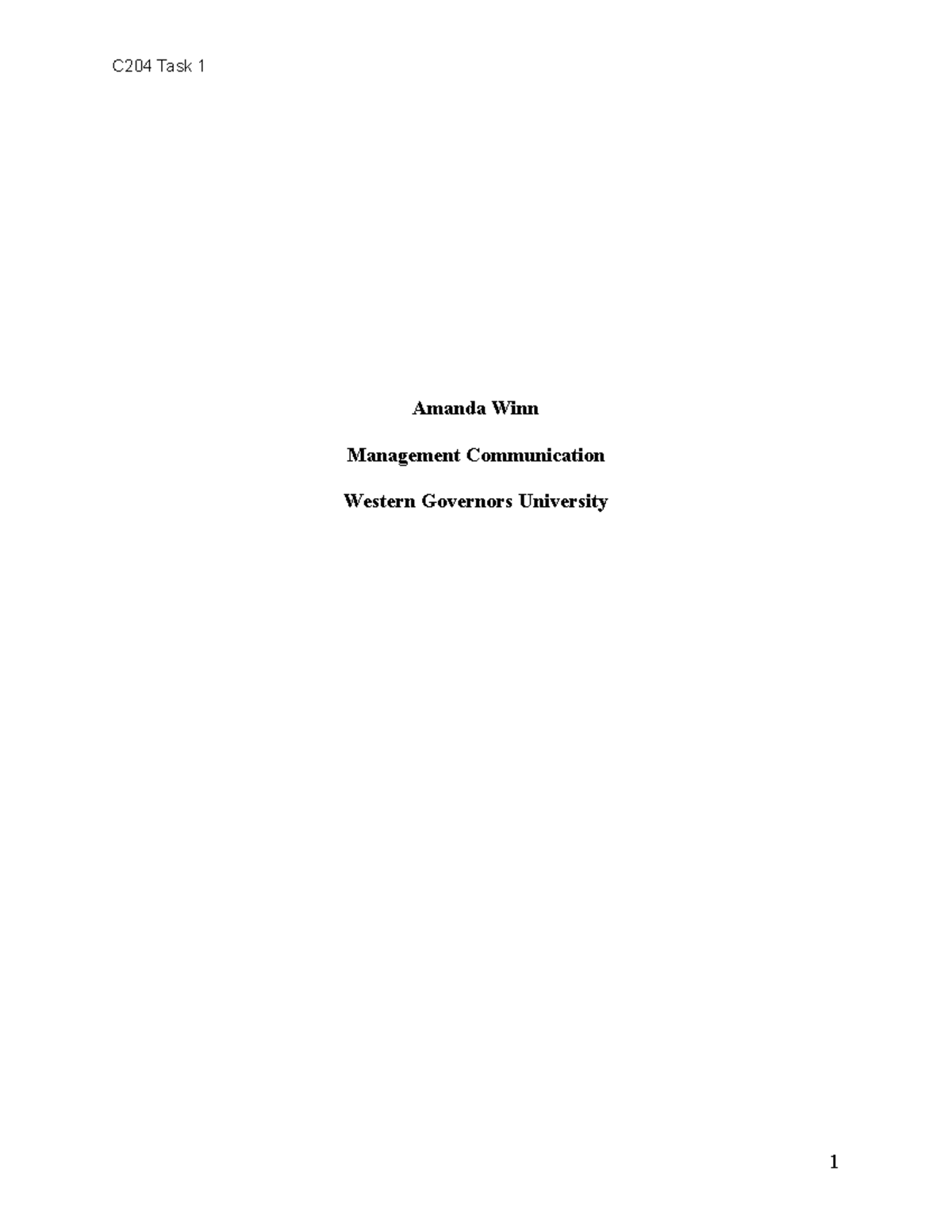 C204 Task 1 - Task 1 - Amanda Winn Management Communication Western ...