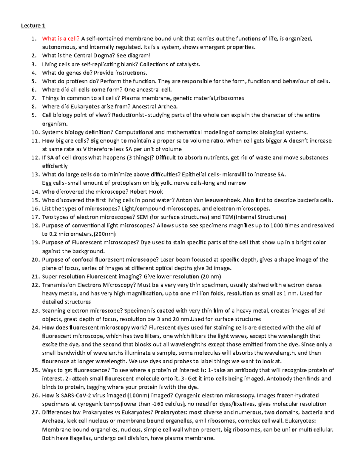 CELL Biology Questions Lecture 1 What Is A Cell A Self contained